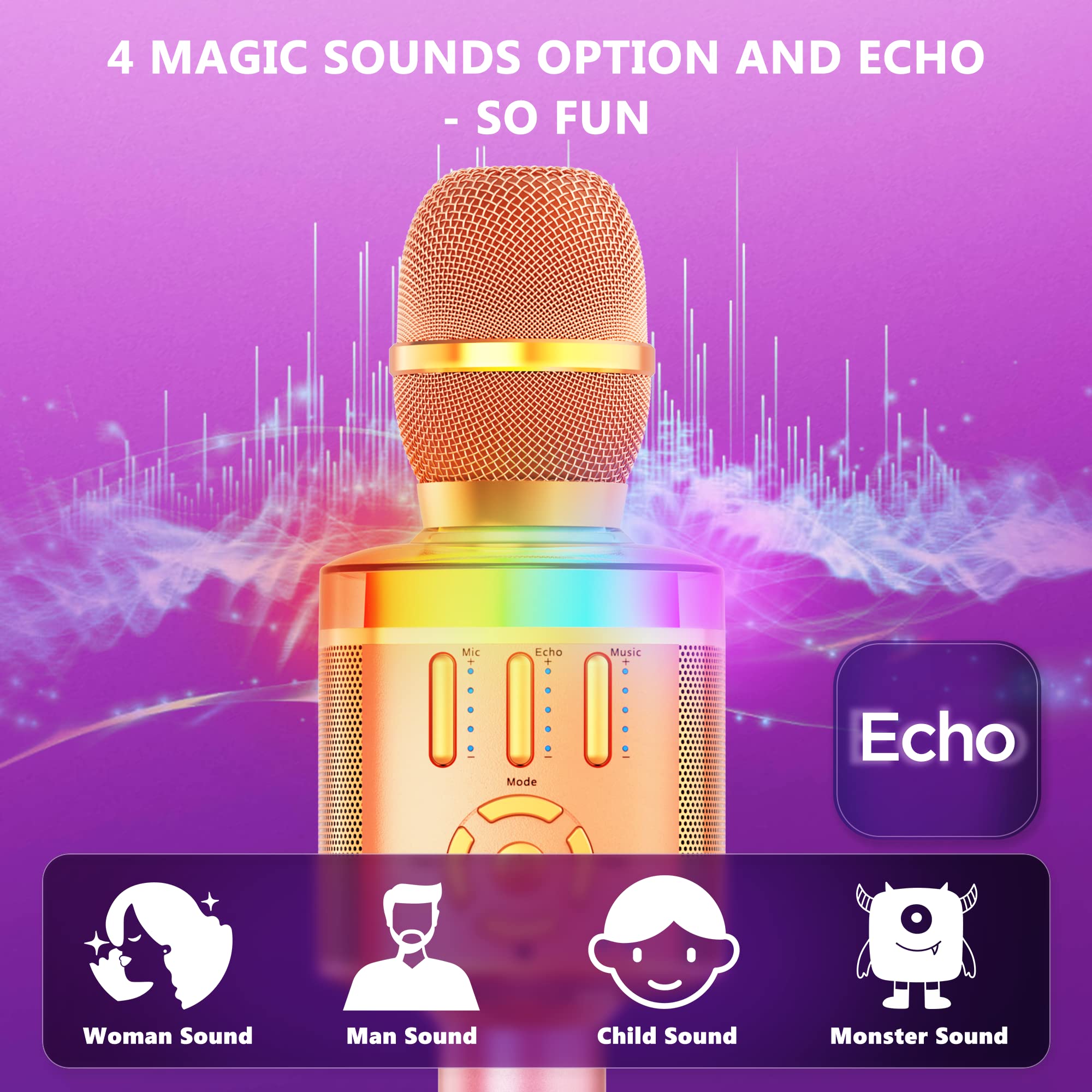 Bietrun Karaoke Microphone for Singing with 4 Magic Sounds, Bluetooth Portable Metal Handheld Cordless Dynamic Rechargeable Wireless Mic with Speaking, RGB Light, 8hrs Work Time, AUX, TF