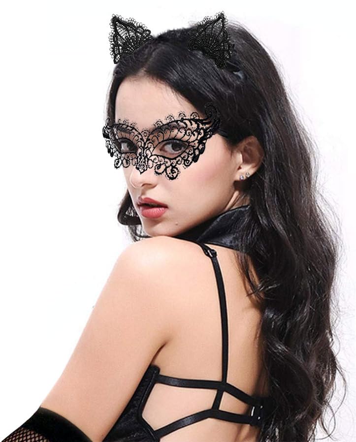 Black Cat Costume for Women, Halloween Masquerade Mask, Lace Ears, Gloves, Tail, Choker Necklace