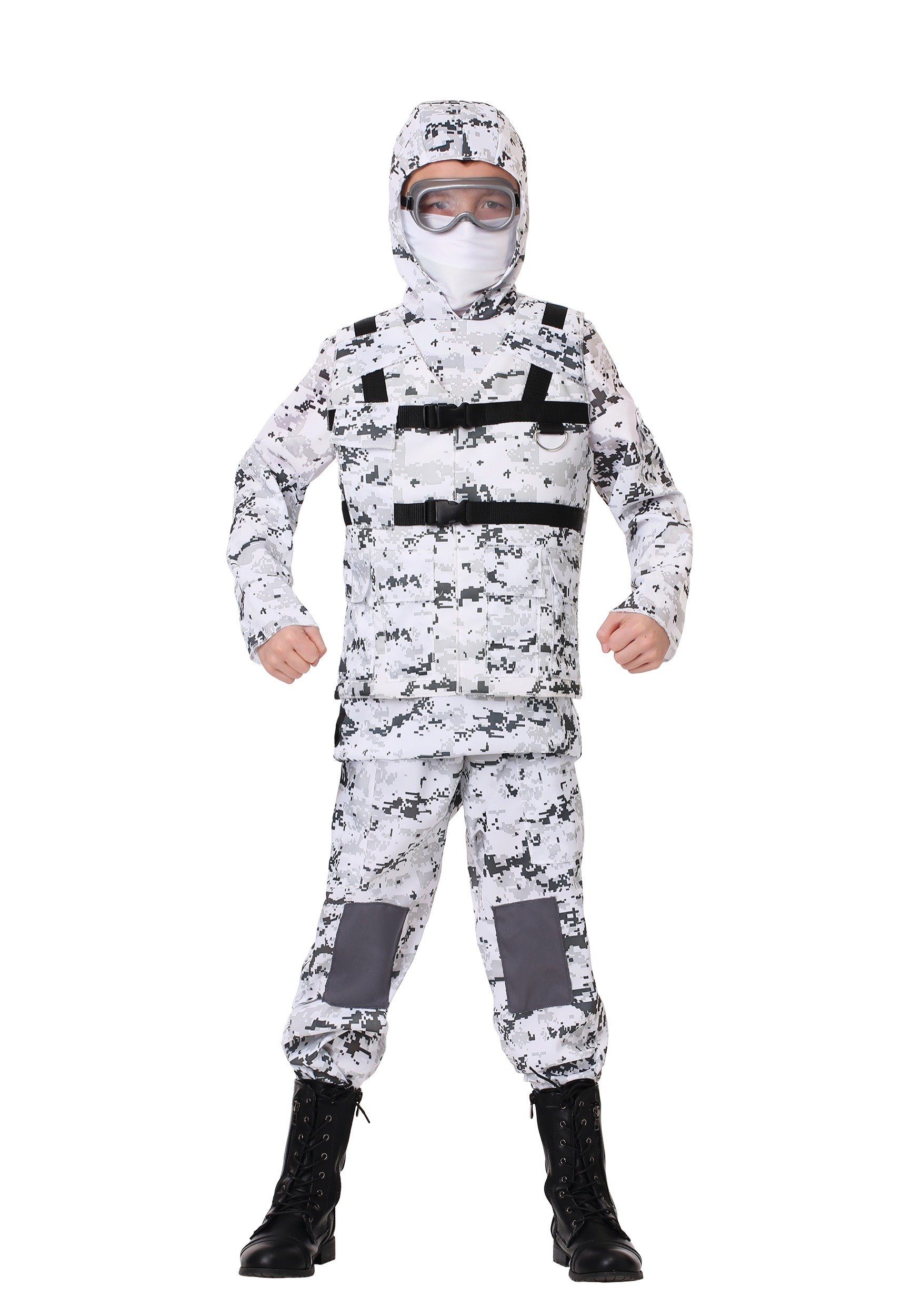 Kids Soldier Costume | Child White Snow Winter Camouflage Army Military Outfit and Accessories