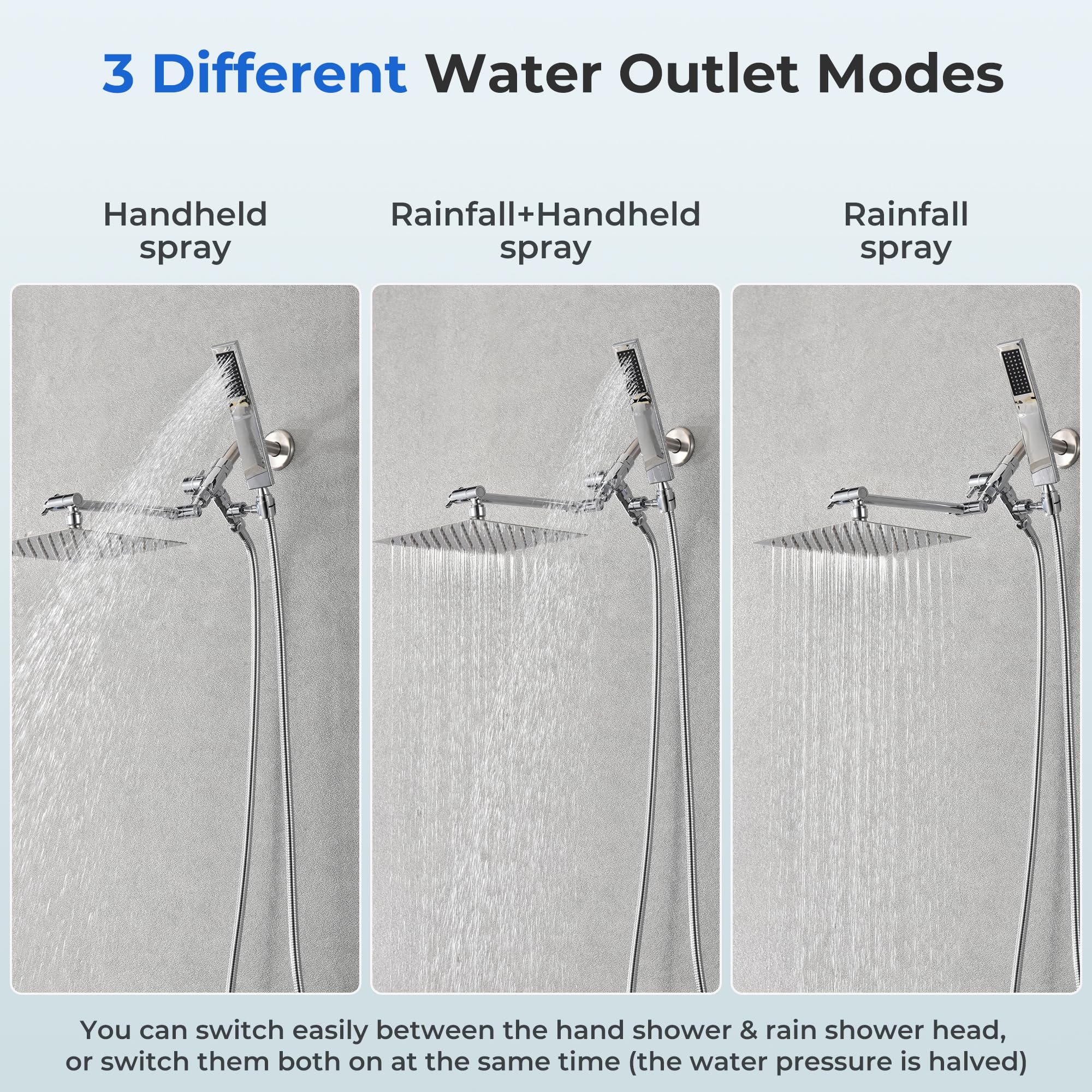 Cuzobro All Metal Dual Square Shower Head With Handheld Spray, 8'' Shower Head Combo Set With 3-Way Diverter, High Pressure Rainfall Shower Head With Extension Arm, 71ββ Extra Long Hose(Chrome)