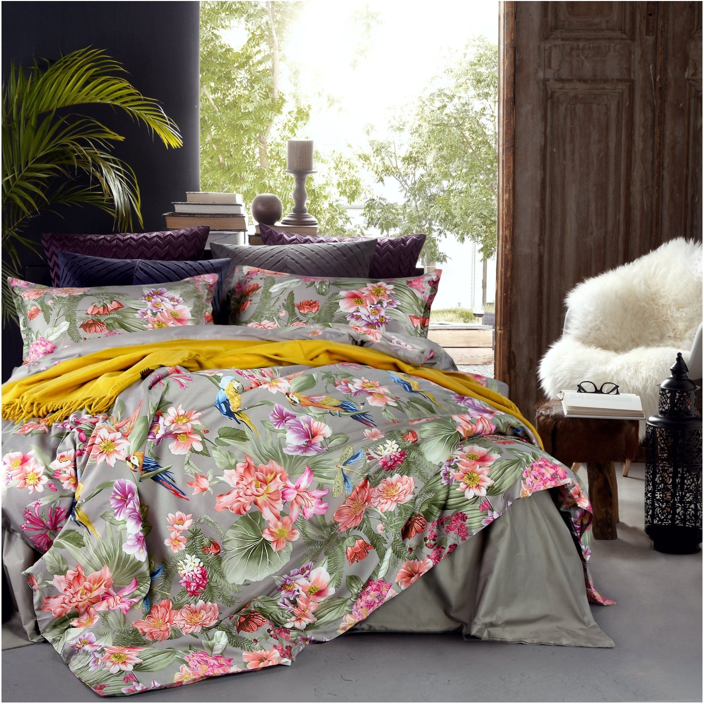 Eikei Vintage Botanical Flower Print Bedding 400tc Cotton Sateen Romantic Floral Scarf Duvet Cover 3pc Set Colorful Antique Drawing of Summer Lilies Daisy Blossoms (Queen, Taupe)