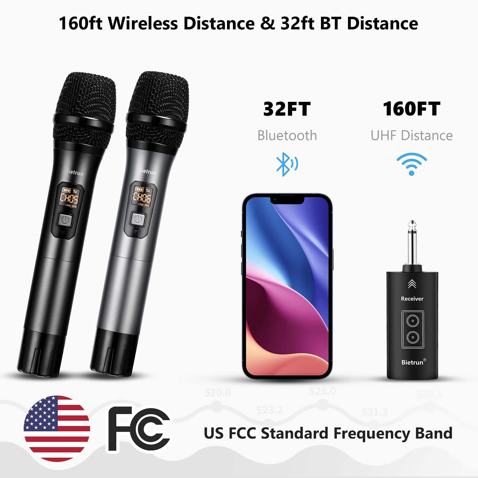 Bietrun Wireless Microphone and Mic Stand, for Karaoke Machine, Singing, Amp, PA Speaker