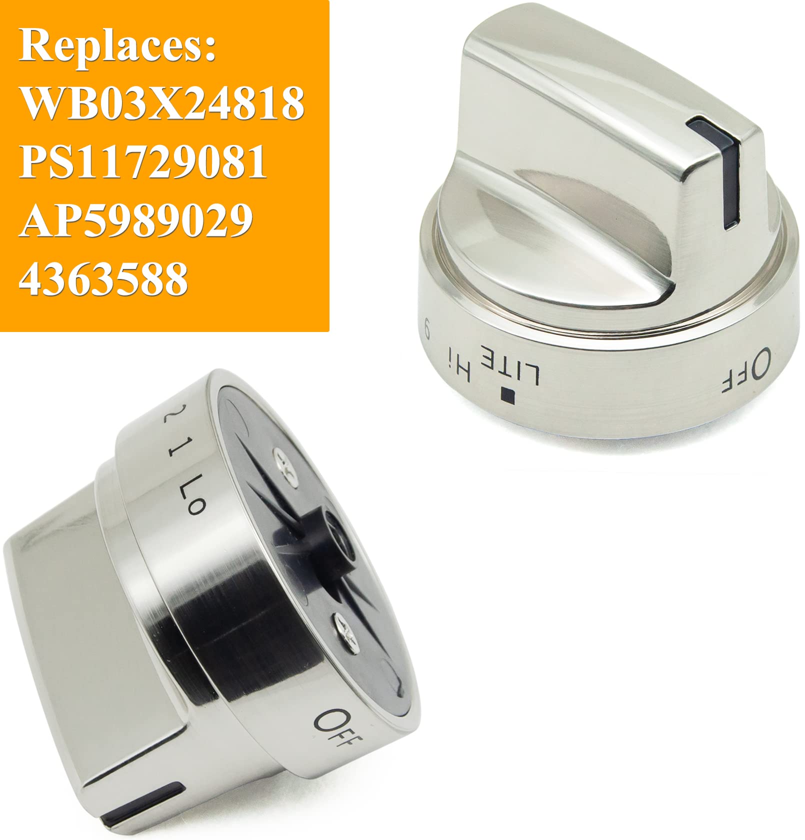 WB03X24818 GE Stove Knobs Replacement(5 Packs), Stainless Steel Colored Plastic Control Knob for General Electric Gas Range Oven, Replaces PS11729081 AP5989029 4363588(5-Year Warranty)