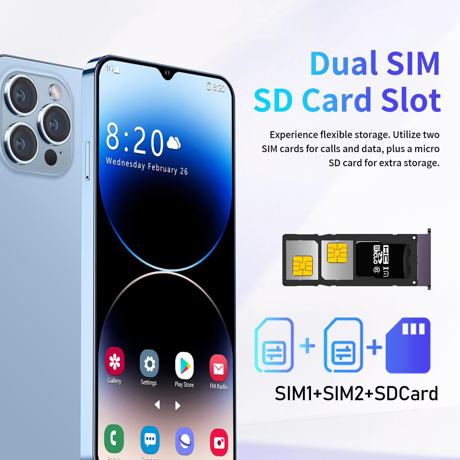 BLACKCYBER i14Ultra Max Unlocked 5G Cellphone Android Smartphone Mobile Phone, 8GB RAM, 512GB ROM, 1TB Expandable, 6.8 "FHD Screen 6000mAh Battery, 48+13MP Camera, Dual Sim Card (White)