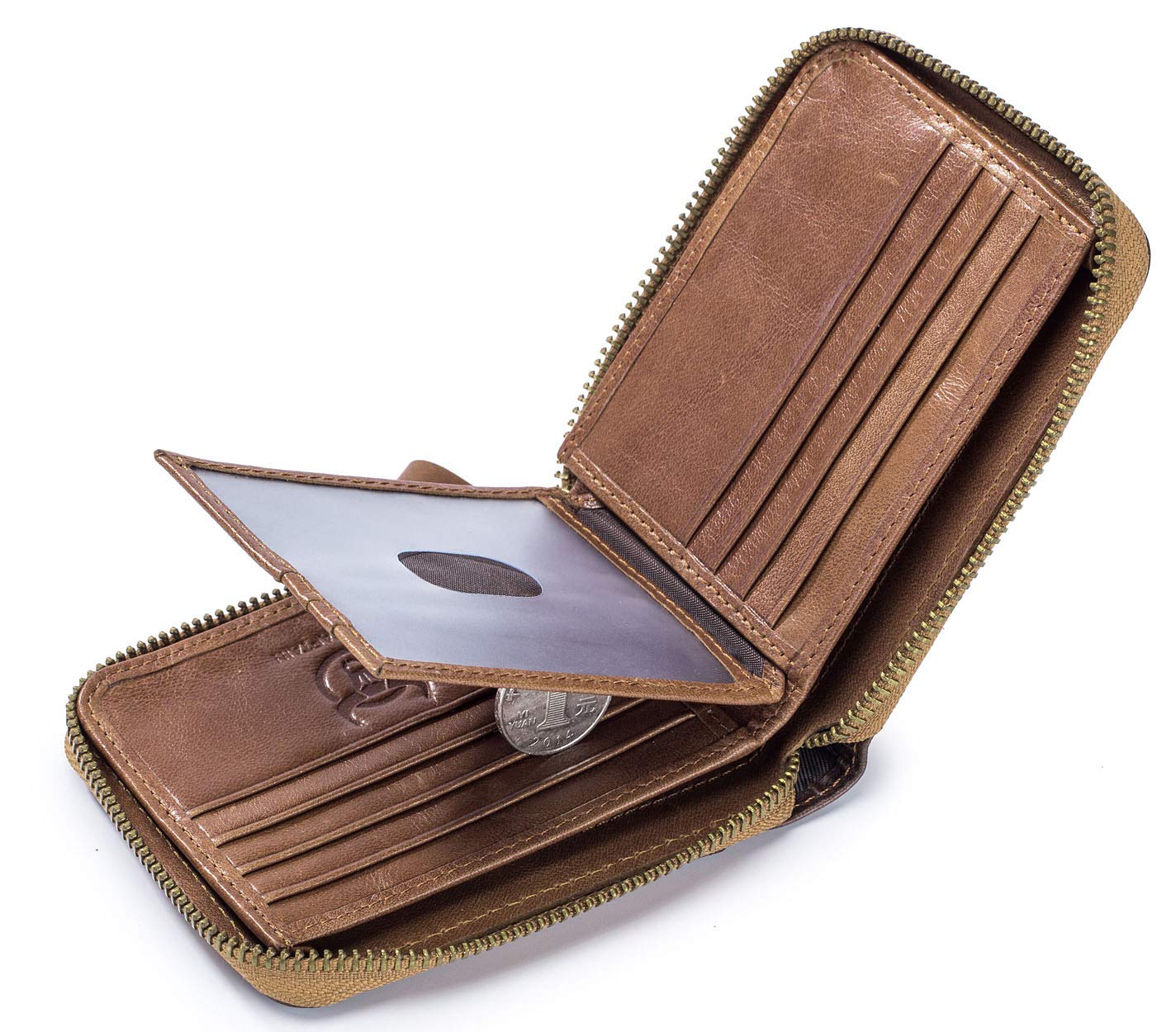 BULLCAPTAIN Mens Genuine Leather Zipper Wallet RFID Blocking Bifold Secure Zip Around Wallets Multi Credit Card Holder Purse (Handmade brown)