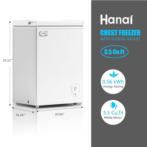 Deep Frezeer 3.5 Cubic Chest Freezer, Mini Freezer Compact Deep Freezer with Top Open Door and Removable Storage Basket, 7 Gears Temperature Control, Energy Saving, for Office Dorm or Apartment