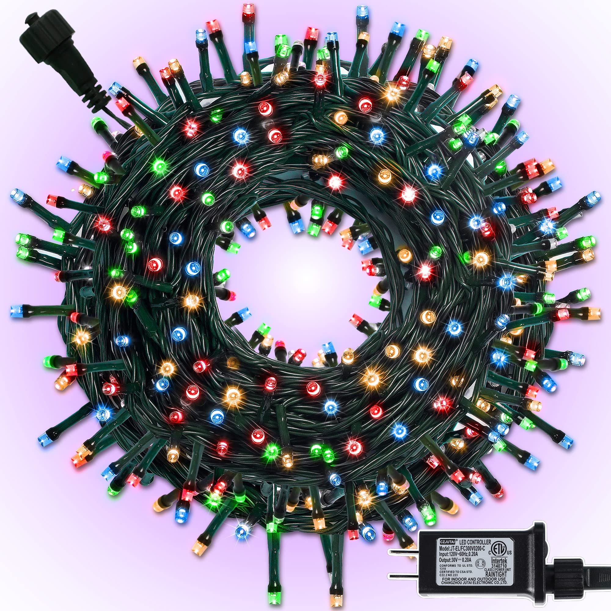 WATERGLIDE 98.5FT 300 LED Christmas Decorative String Lights, 8 Lighting Modes Waterproof Green Wire LED Fairy Light for Indoor Outdoor Christmas Party Garden Wedding Home Decoration (Multi-Colored)