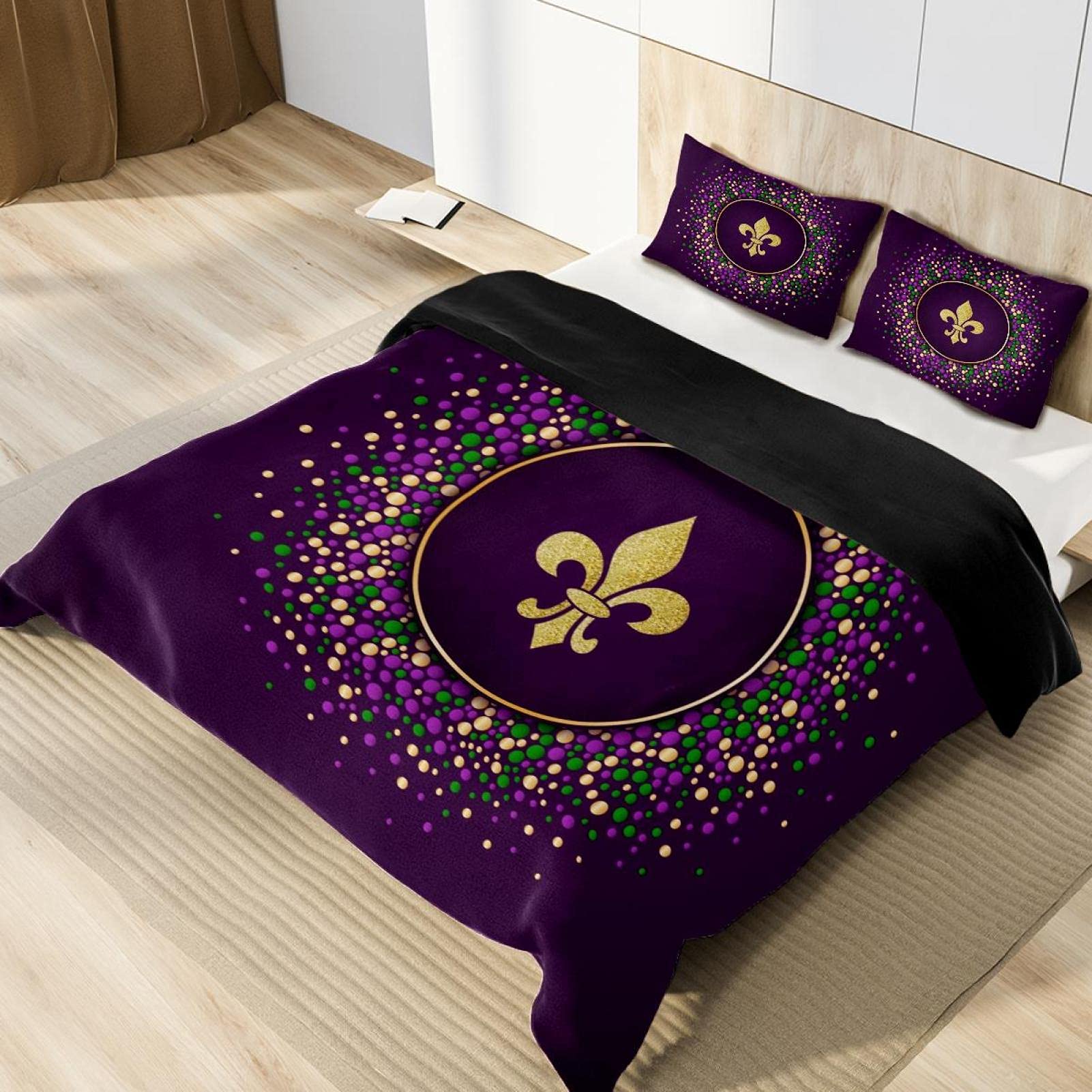 Wu5dra Duvet Covers Set Queen Size Mardi Gras Golden Glitter Fleur De Lis - Soft and Breathable Microfiber Comforter Bedding Set with Zipper Closure for Kids Women Men, 1 Duvet Cover 2 Pillowcase