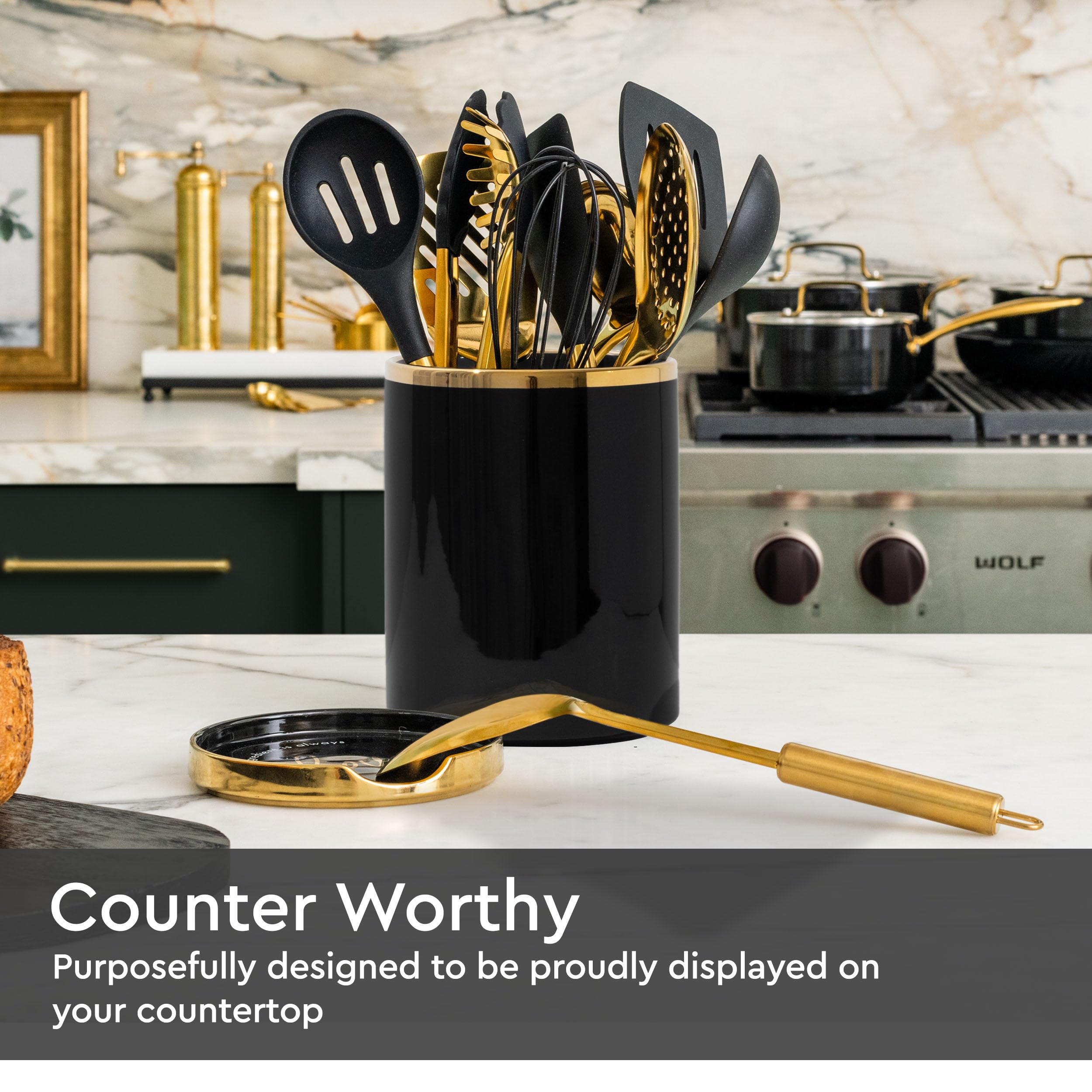 Black and Gold Knife Set with Block Self Sharpening, Black Utensil Holder with Built-In Ceramic Spoon Rest and Gold Cooking Utensils Set-21 Piece Luxe Black and Gold Kitchen Accessories