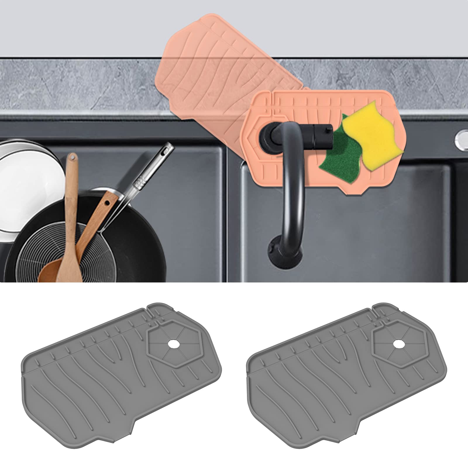 BYTELIVE 2-Pack Silicone Sink Splash Guard, Mini Size 9.6" x 6", Double-sided Design Self Drainin Sink Mat for Kitchen, Bathroom, Sink Sponge Holder (2-Pack Gray)