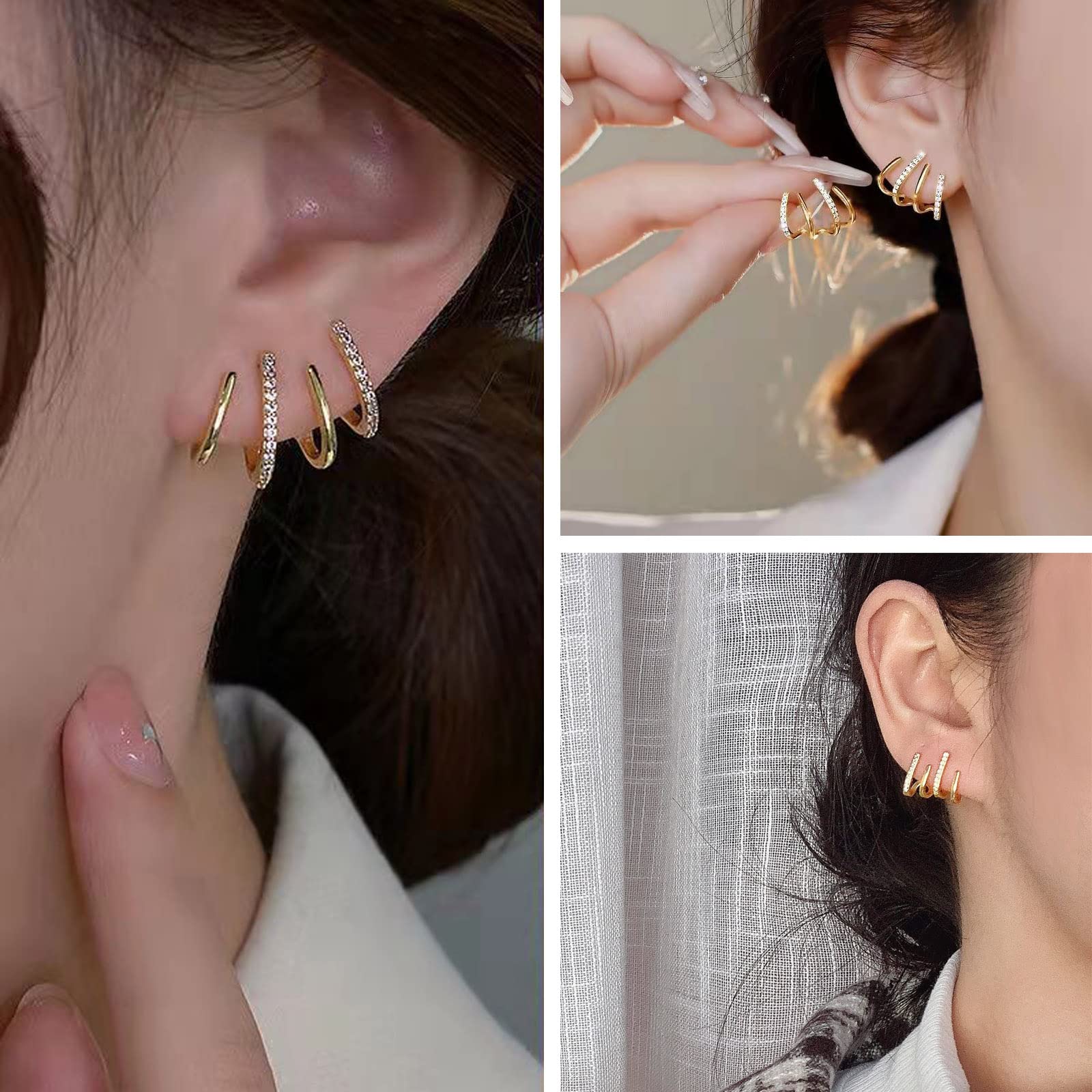 Claw Cuff Earring for Women, Zircon Needle Ear Cuffs Stud Earrings Minimalist Ear Wrap Piercing Earrings for Girls (2 Pcs Gold+2 Pcs Silver)