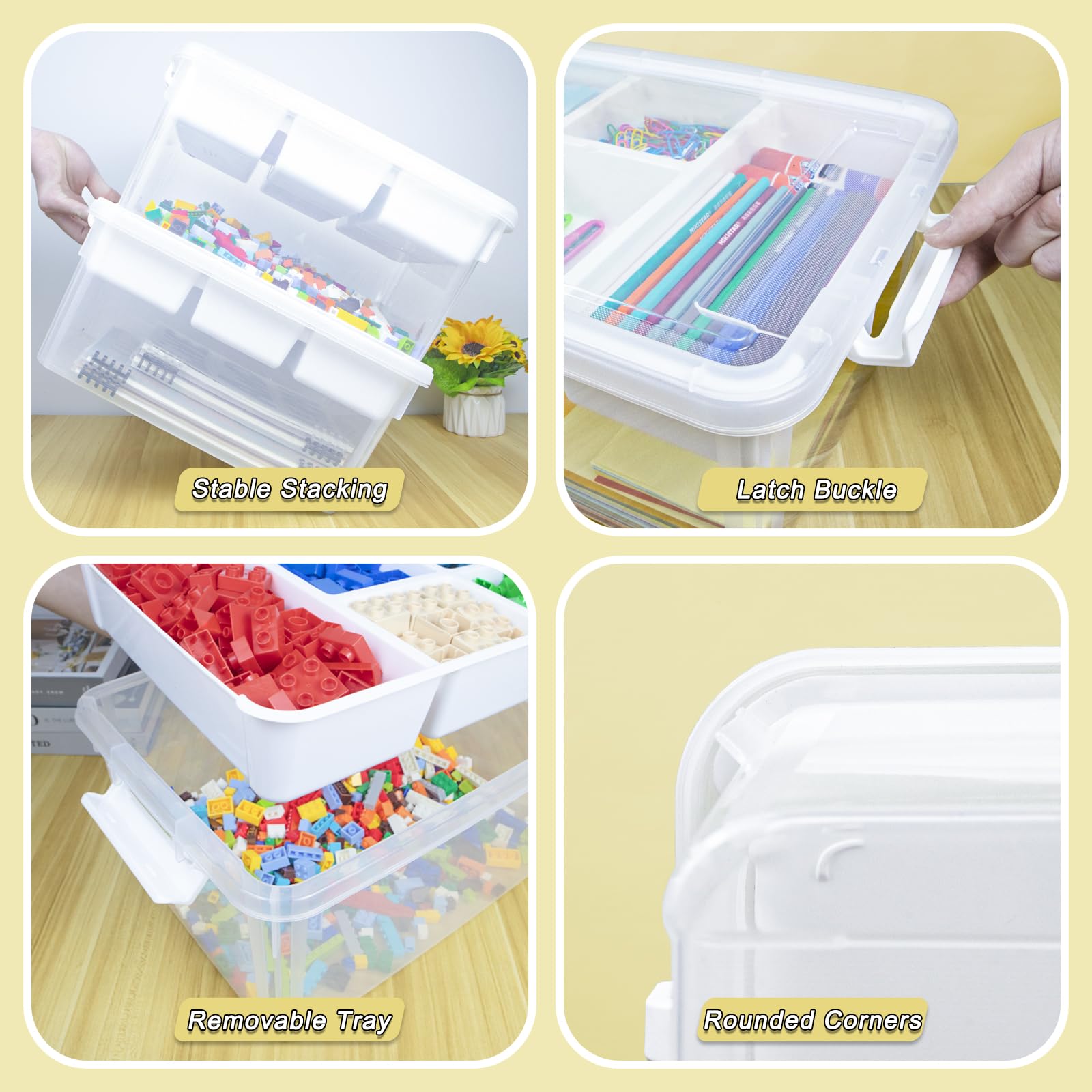Creahaus 17 Quart Plastic Storage Box with Removable Tray, Durable Craft Organizers and Storage Container, Stackable Art & Craft Box with Lid for Organizing, Bead, Tool, Sewing (Clear)