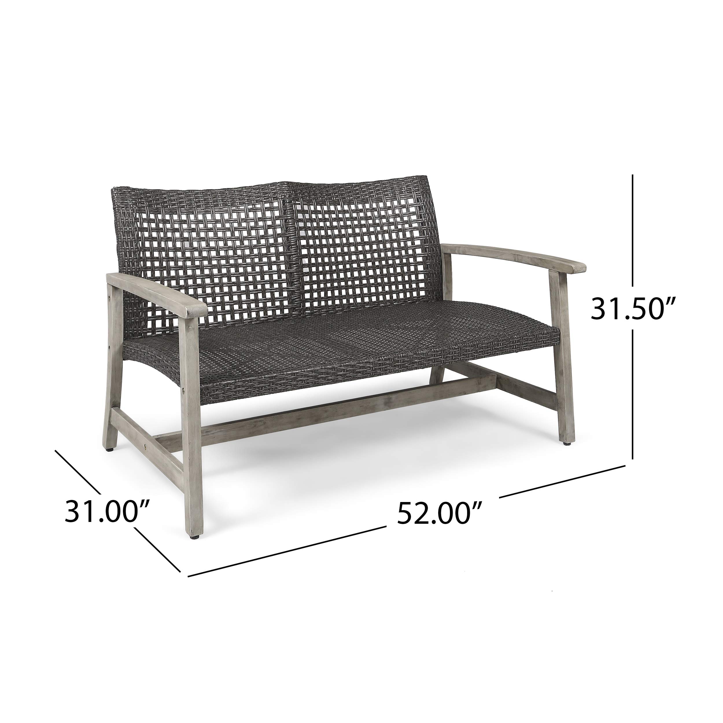 GDFStudio Outdoor Wood and Wicker Loveseat, Light Gray Finish with Mix Black Wicker