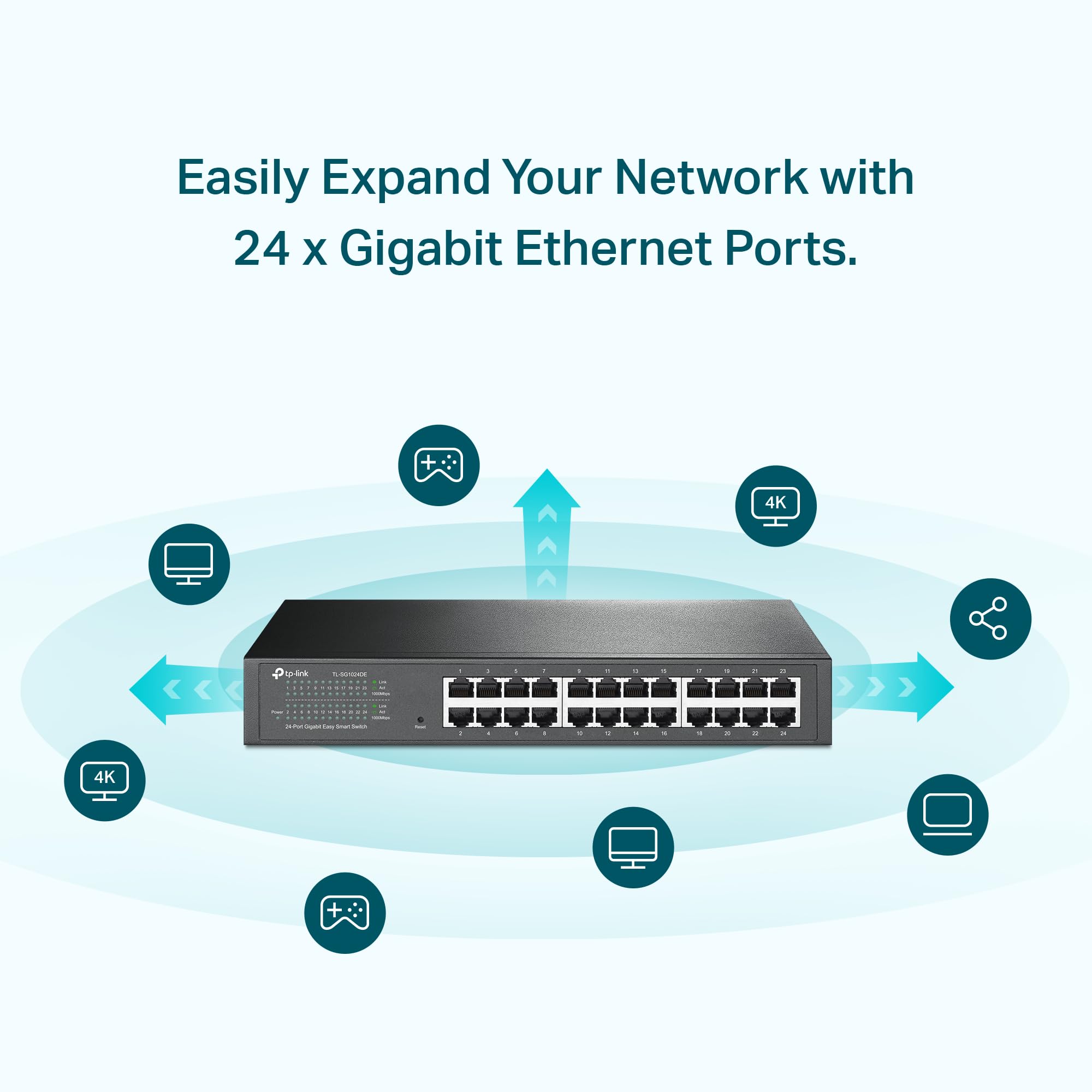 TP-Link 24 Port Gigabit Switch Easy Smart Managed Plug & Play Desktop/Rackmount Sturdy Metal w/ Shielded Ports Support QoS, Vlan, IGMP & LAG (TL-SG1024DE),Black