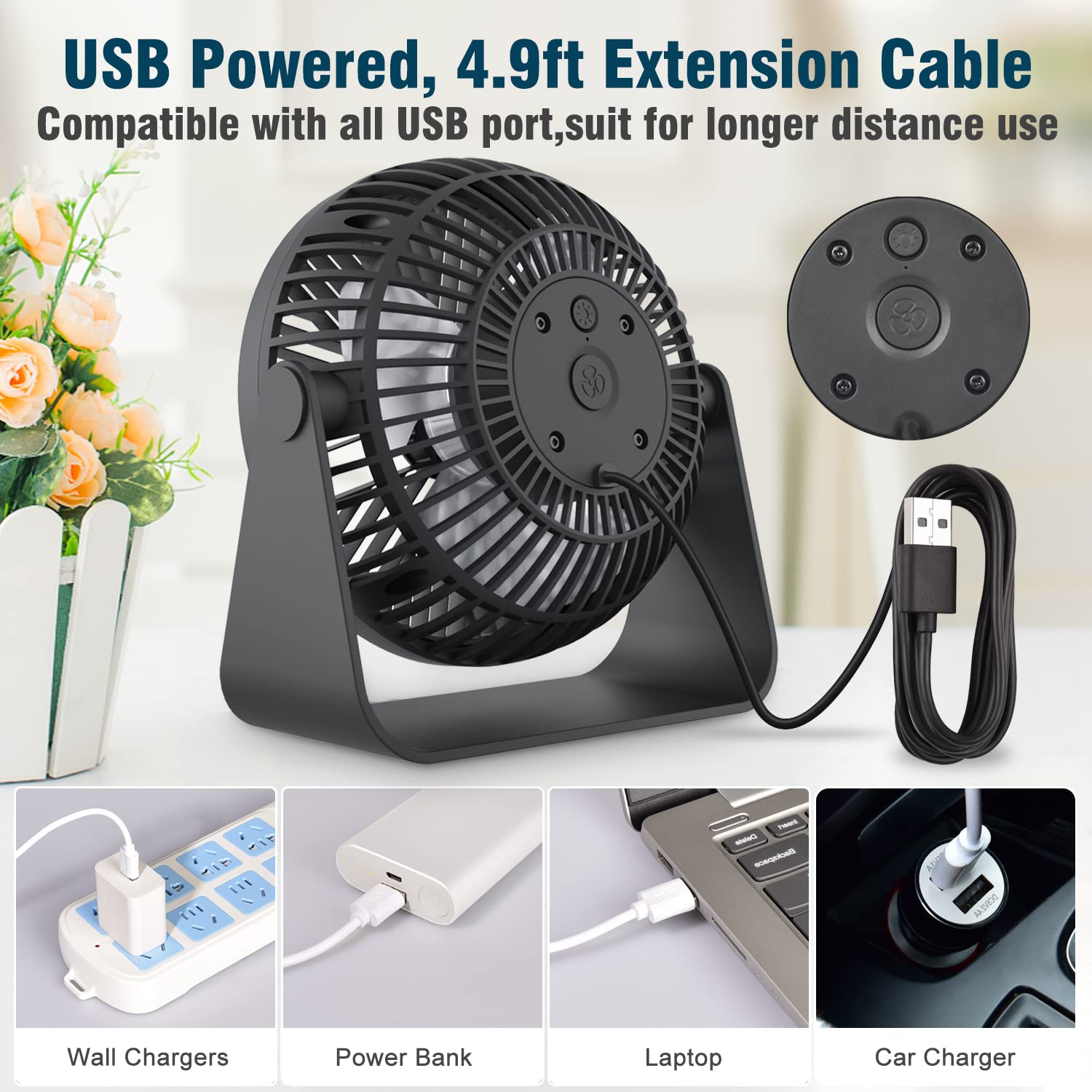 WayToLight 5.3 inch USB Desk Fan with LED Light, 3 Speeds, 360° Adjustment, Portable Mini Desktop Table Fan, Small Personal Cooling Fan for Home Office Outdoor, Black