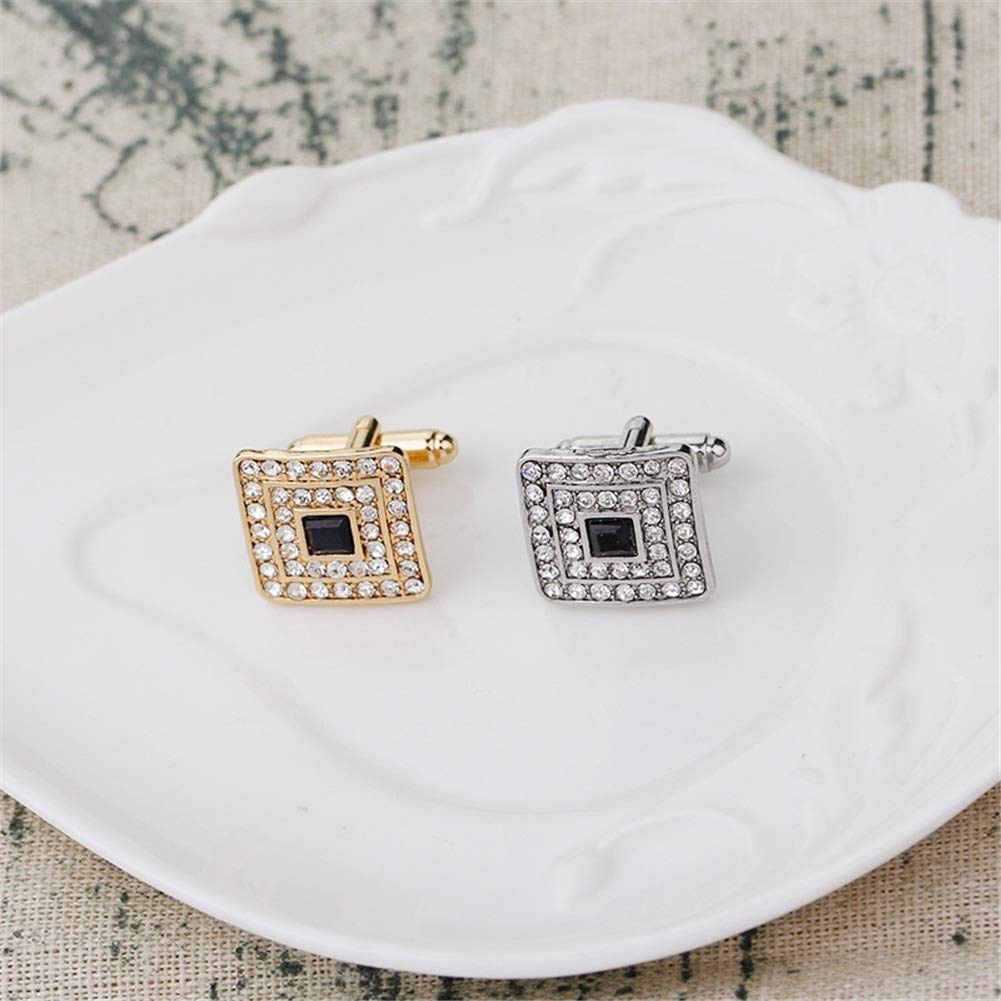 Black and Silver Gold Concentric Diamond Clear Crystal Dust Cufflinks, AILUOR Tuxedo Shirt Cufflinks French Style Shirt Studs (Silver)