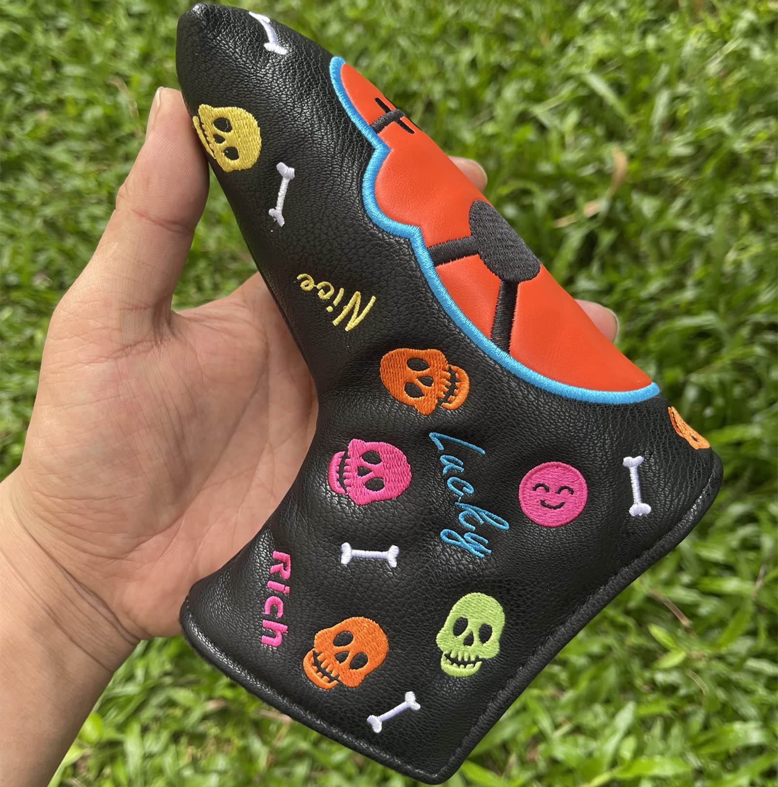 CALONG Calong Golf Putter Headcover Black Skull Blade Style Putters Cover with Velcro Golf Club Head Cover , Black/Orange