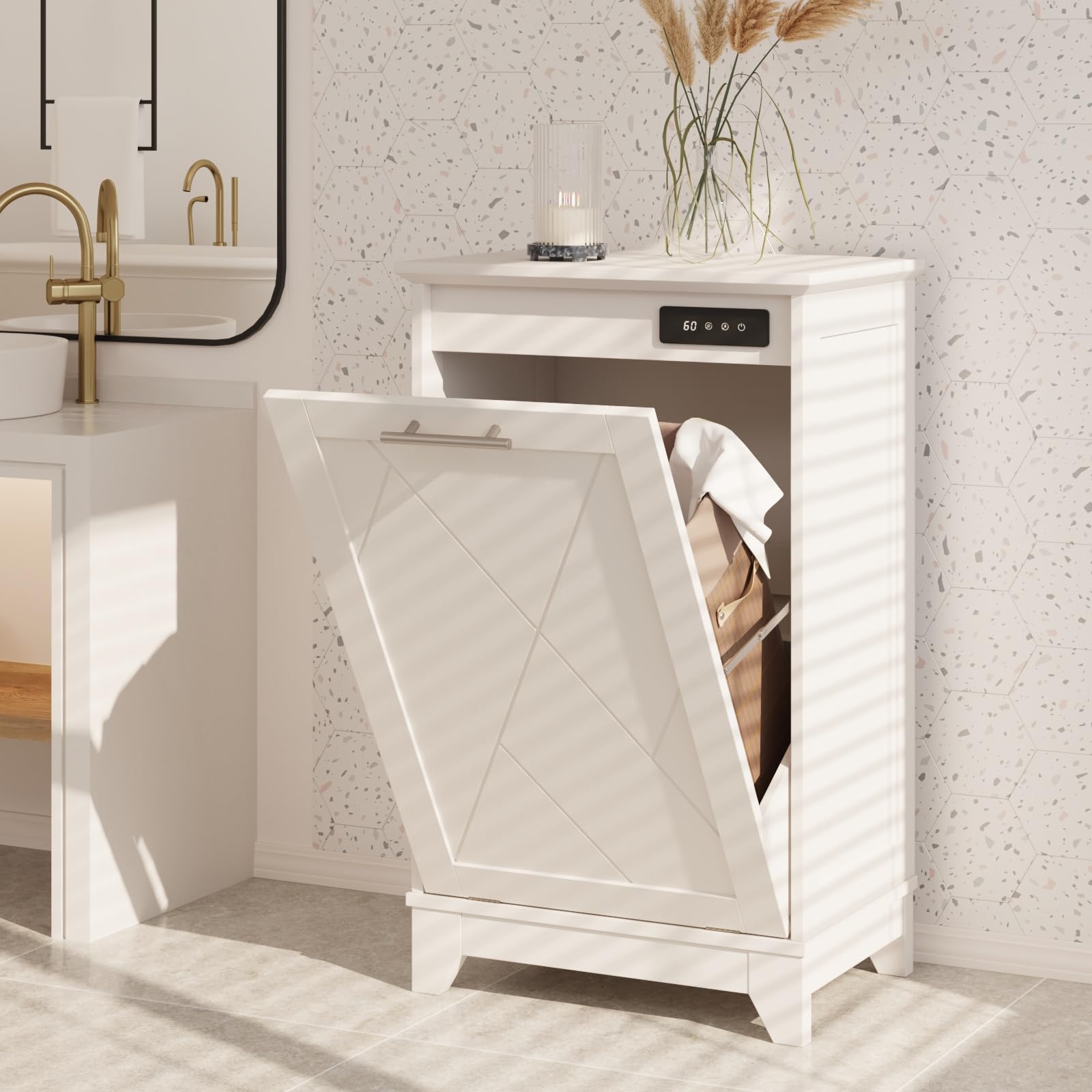 FiveWillowise Tilt Out Trash Cabinet, Kitchen Trash Can Cabinet w/Negative ion and deodorizing Function, Dog Proof 20 Gallon Garbage Can Cabinet for Kitchen, Bathroom, Living Room, White