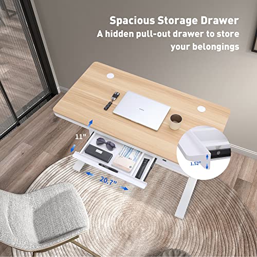 FARRAY Electric Standing Desk with Drawer, 45 x 24 Inch Adjustable Height Desk with Power Strip & USB Ports, One-Piece Top Stand Up Desk, Modern Sit Stand Desk (Oak Top + White Frame)