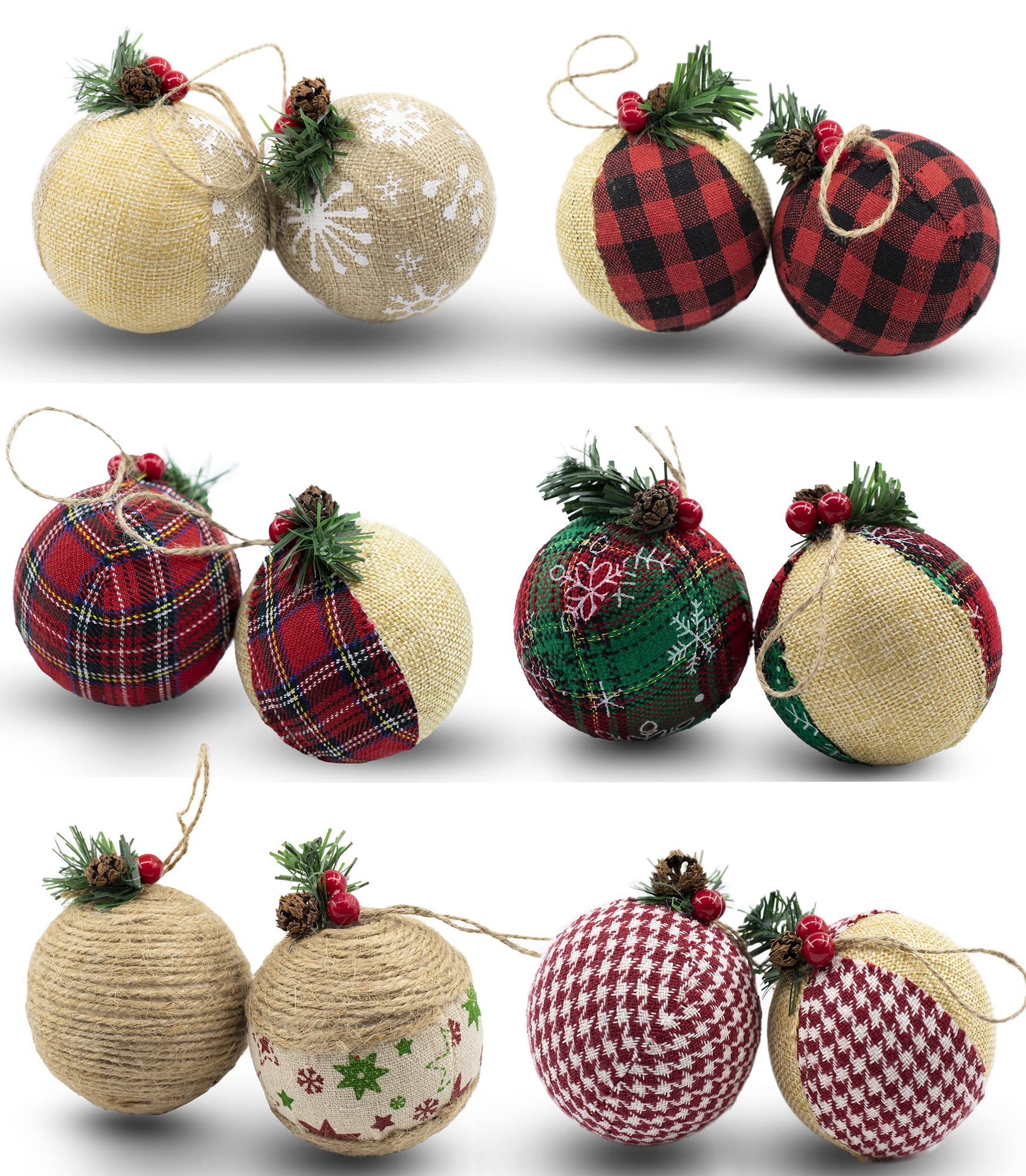 Burlap Christmas Hanging Ornaments, Farmhouse Rustic Christma Decorations, Natural Jute Ball Ornaments for Xmas Holiday Party Home Decor 12Pcs