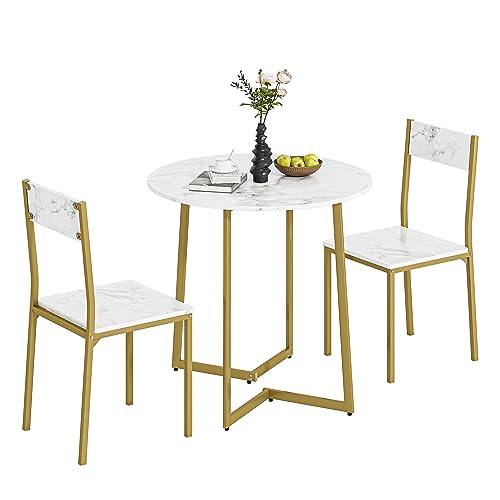 Masupu Small Round Dining Table Set for 2, Wood Marbled Tabletop with Steel Frame, Modern Dinette with Chairs for Kitchen Breakfast Nook Living Room, White and Gold
