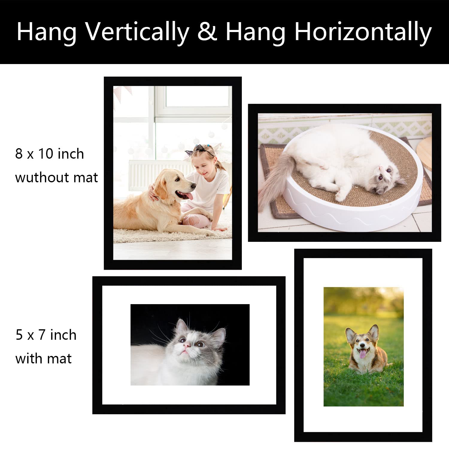 BOANKODU 8x10 Picture Frame Set of 2, Made of High Definition Transparent Plastic for 5x7 with Mat or 8x10 Without Mat, Wall Mounting Photo Frames, Black