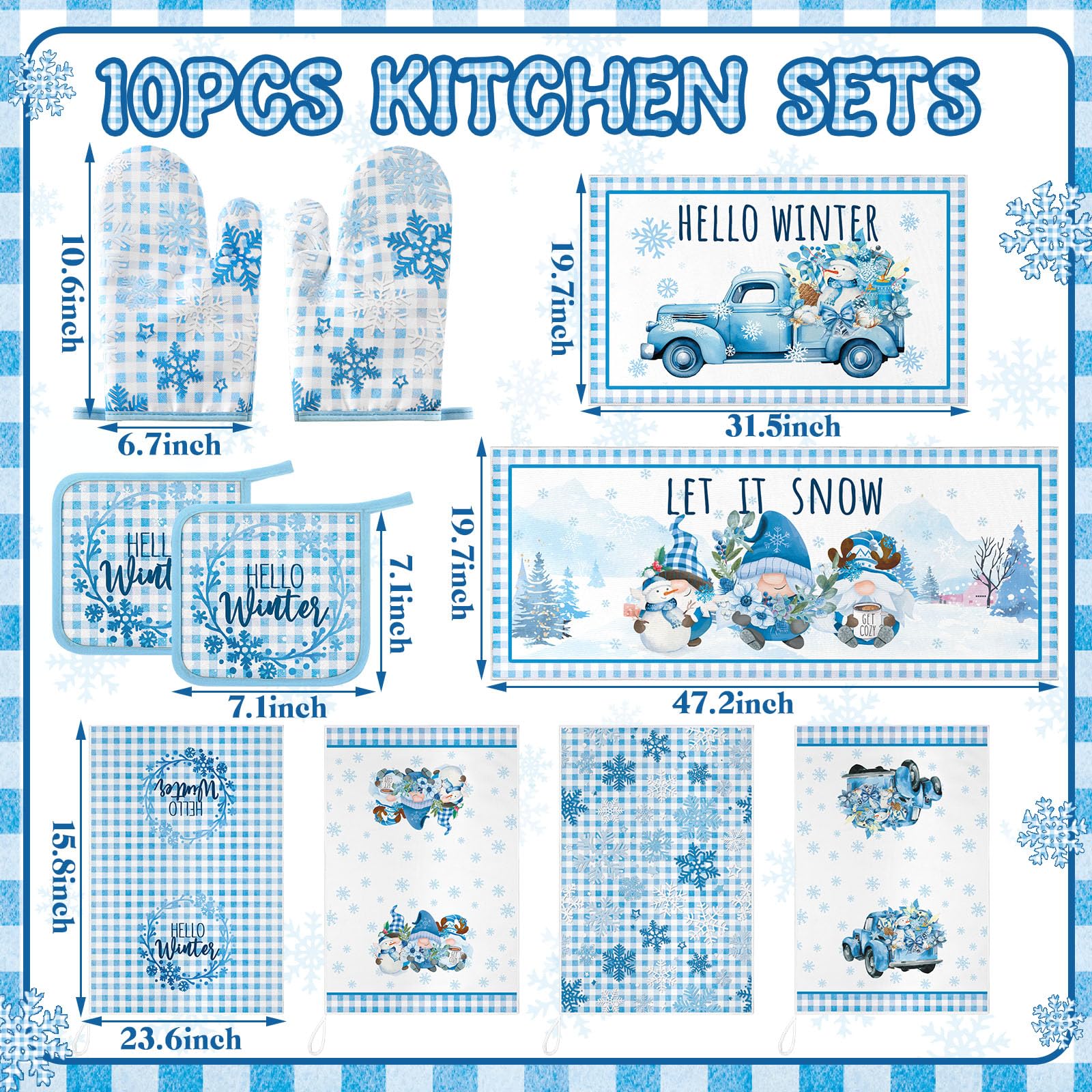Fanfanwin 10 Pcs Christmas Winter Oven Mitts Pot Holders Kitchen Rug and Towel Set Wonderland Absorbent Kitchen Towels for Baking Cooking BBQ Gifts Kitchen Decor