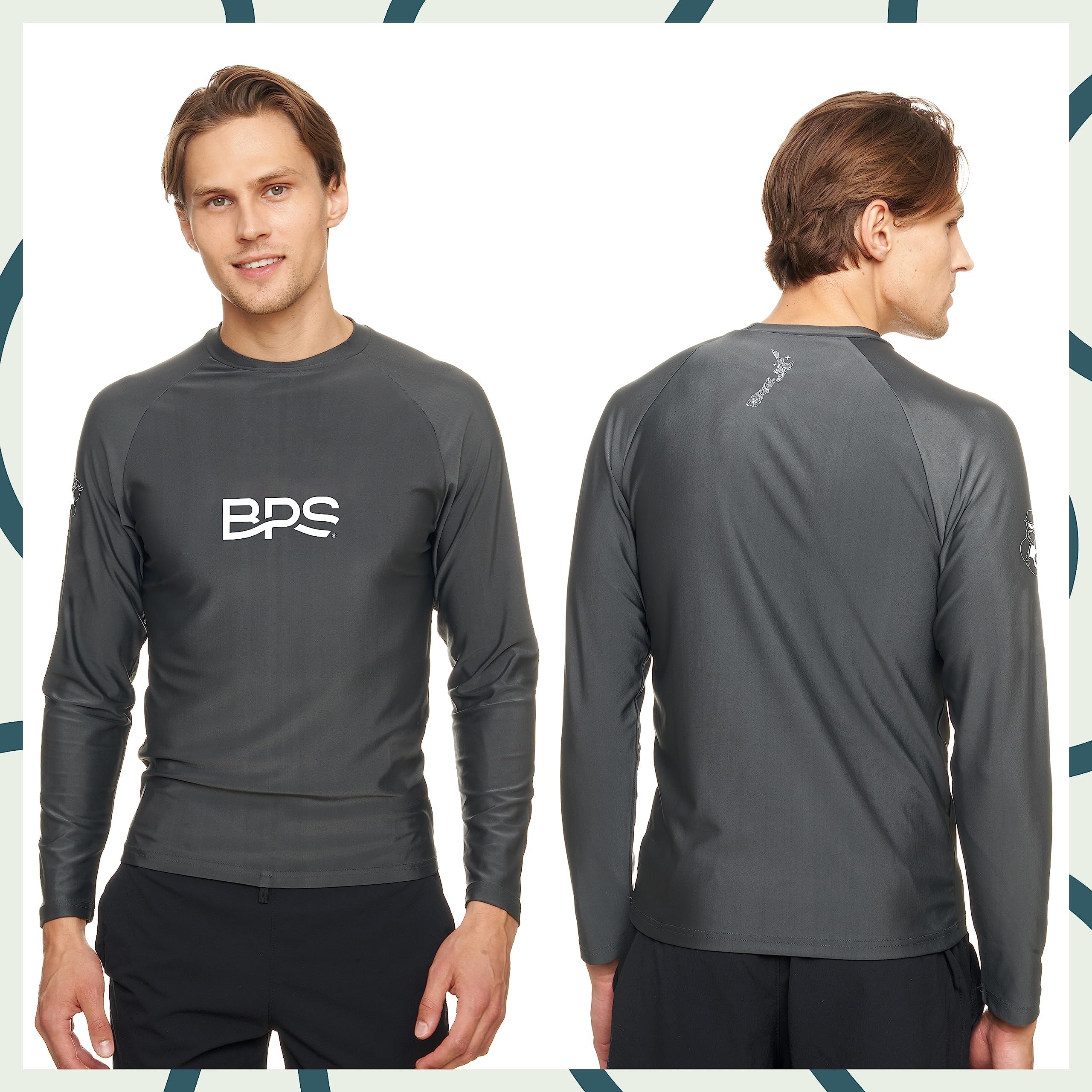 BPS Men's Long Sleeve Swim Shirt/Rash Guard with Sun Protection (Charcoal, M)