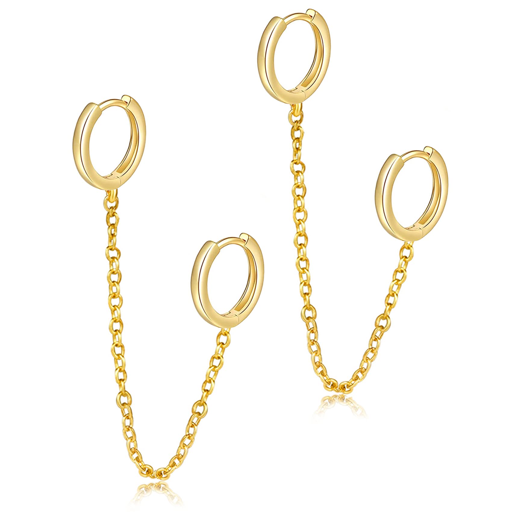Chain Hoop Earrings | S925 Silver Gold Chain Earrings for Women Double Piercing Two Holes Huggie Earrings aretes de cadena