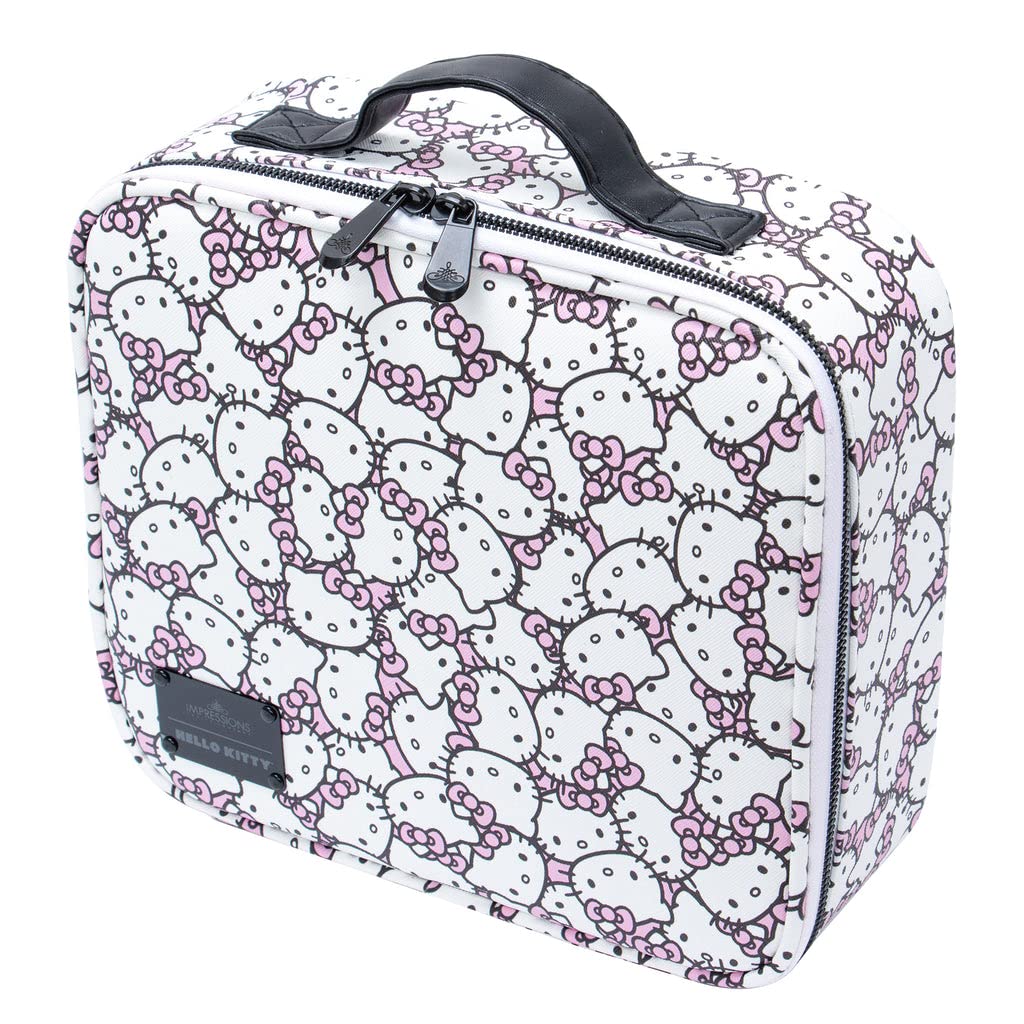 Impressions Vanity Hello Kitty Cosmetic Bag with Faux Leather,Travel Toiletry Bag with Inside Zipper Pockets, Waterproof Reusable Large Cosmetic Makeup Vanity Organizer (White/Pink)