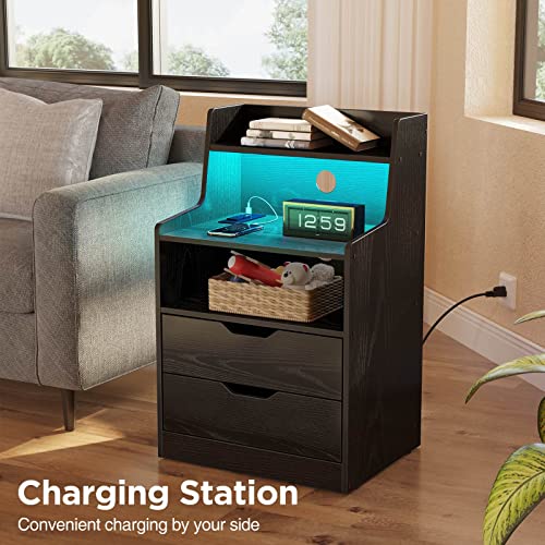 Rolanstar Nightstand with Charging Station and LED Lights, 2 AC and USB Power Outlets, Night Stand with 2 Drawers and Storage Shelves, Bedside Table for Bedroom - Black