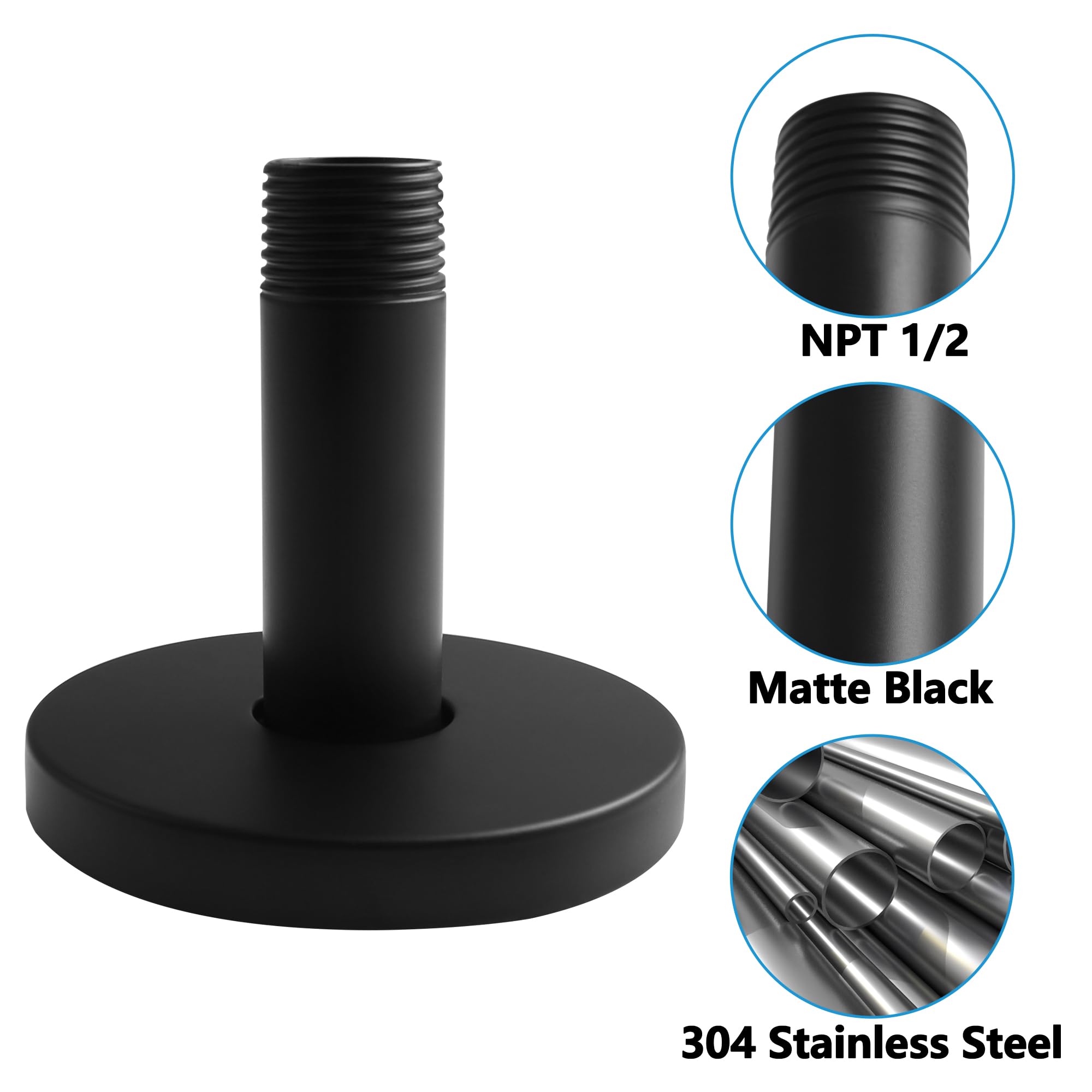 Straight Shower Arm with Flange, Ceiling Mount 3 Inches Rain Shower Head Arm Extension Replacement with Anti-Scratch Escutcheon Plate, DOLGABA Matte Black