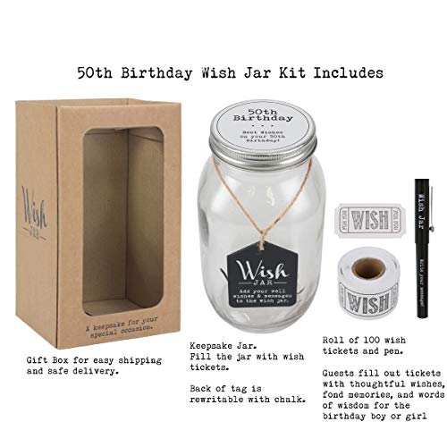 Top Shelf 50th Birthday Wish Jar With 100 Tickets, Pen, and Decorative Lid