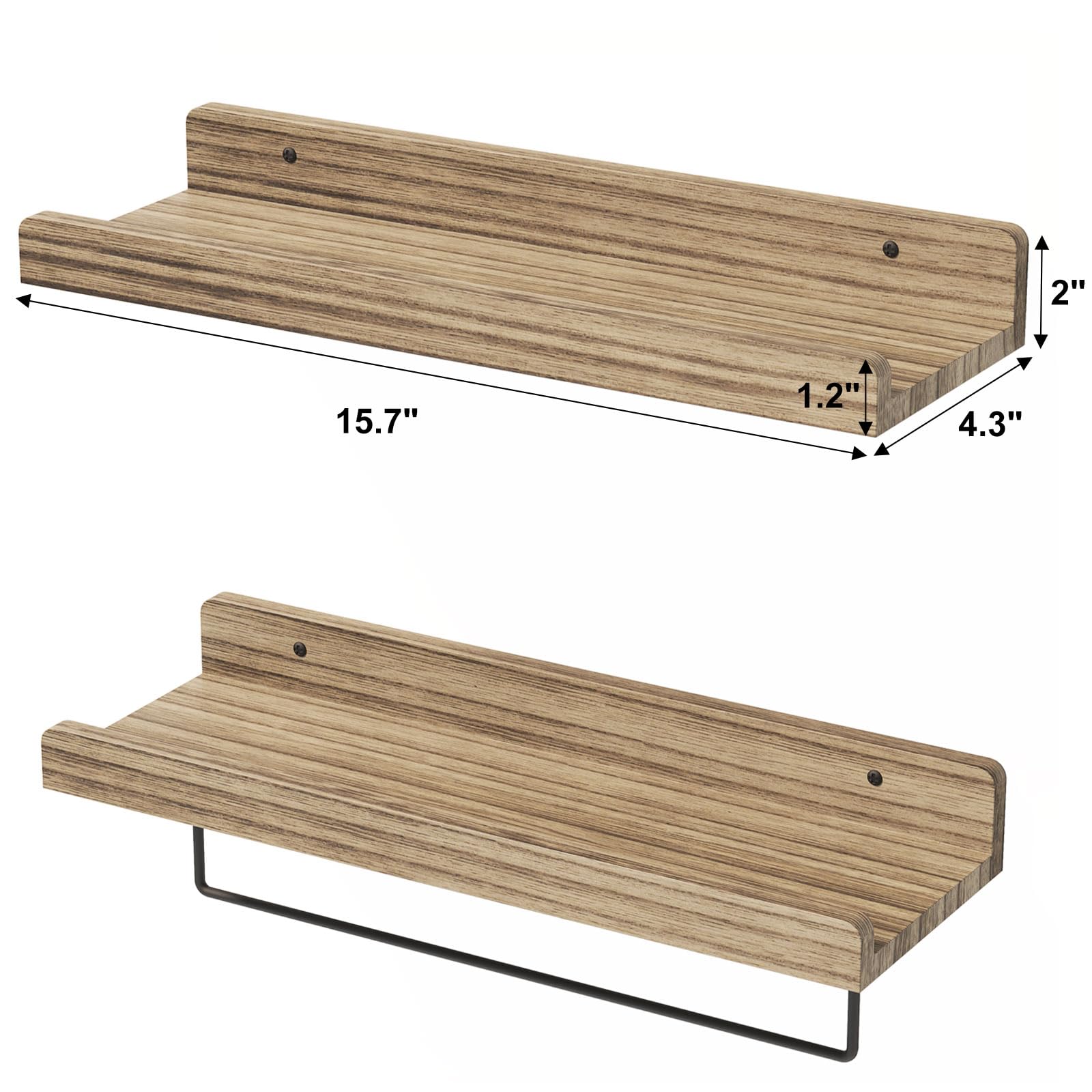 Fixwal Bathroom Floating Shelves Set of 2, Wall Mounted Shelves with Towel Rack, Ledges for Bathroom, Kitchen, Nursery (Light Brown)