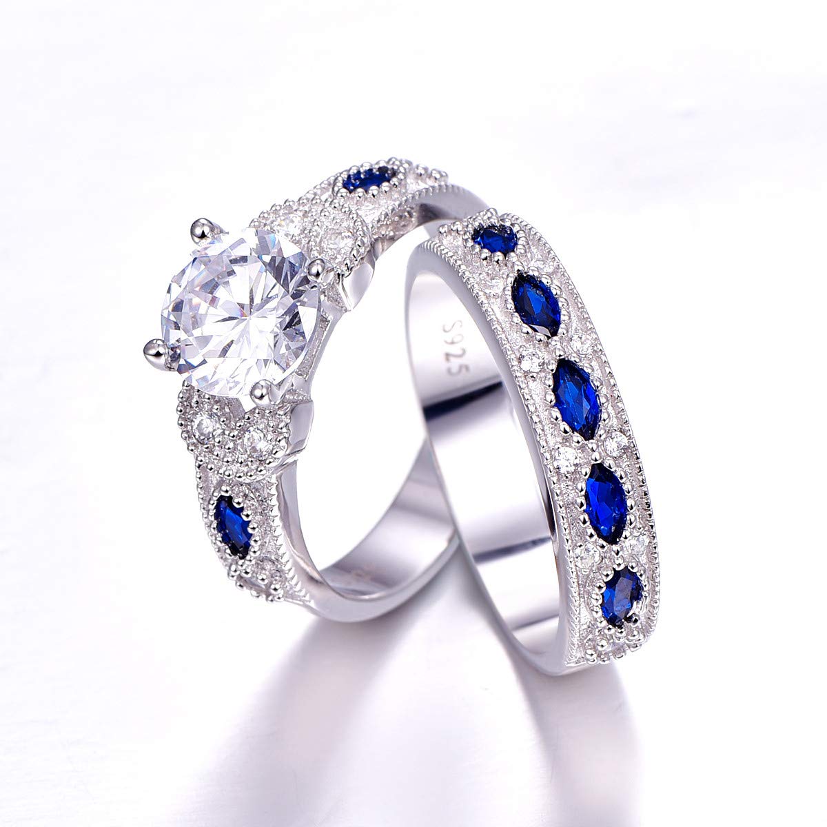 BONLAVIE 3.5ct Round Cut Cubic Zirconia Ring Wedding Ring Set Created Blue Sapphire Women's Bridal Rings Sets 925 Sterling Silver Ring Rhodium Plated Blue Engagement Ring Size 9