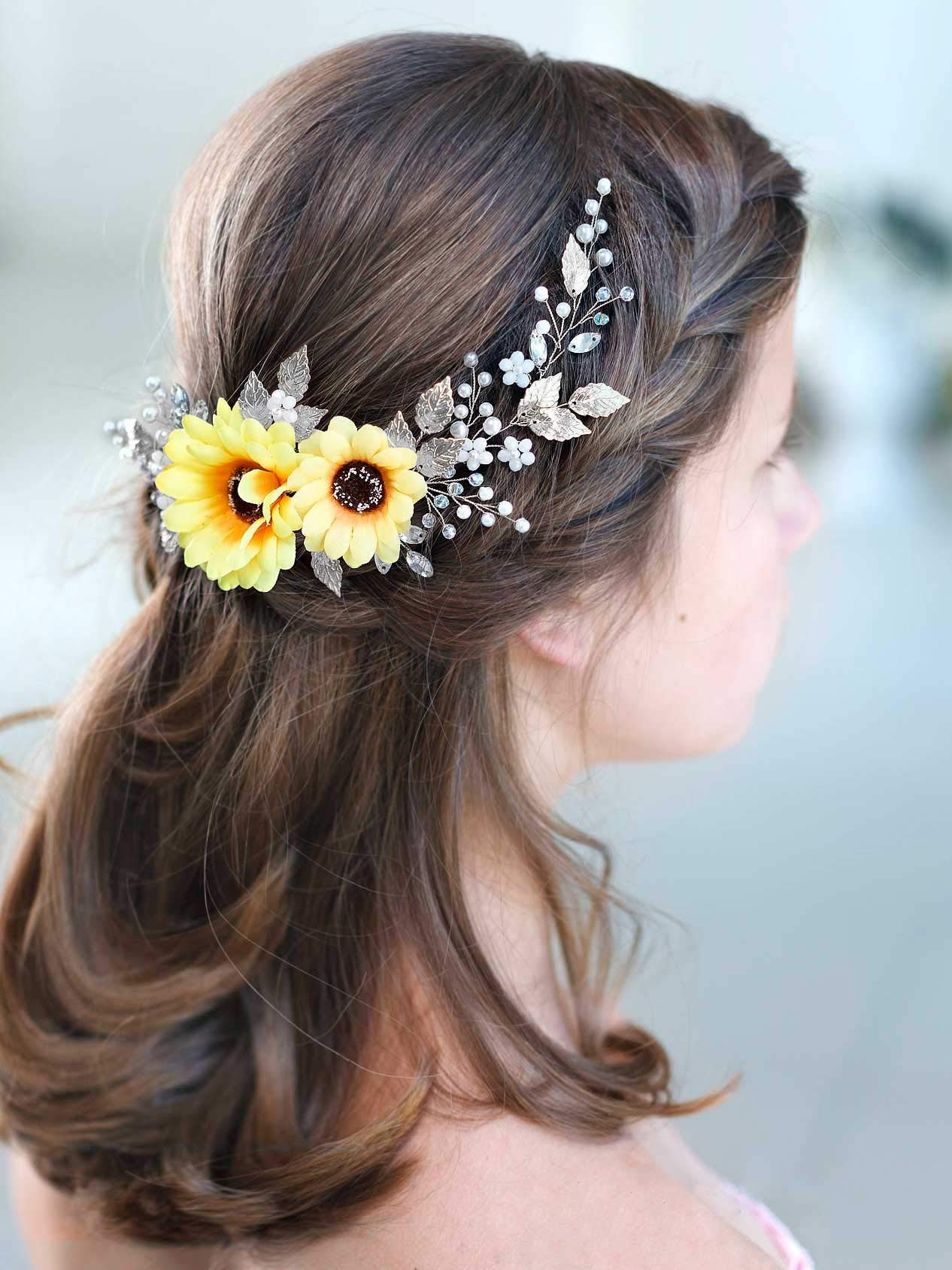 BAROGIRL Wedding Hair Vine Accessory Sunflower Bride Headpiece Gold Flower Headband for Women and Girls (Silver)