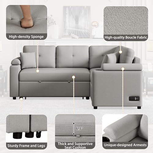 FANYE L-Shape Plush Tufted Upholstered Sleeper Sectional Sofa Convertible Sleep Sofabed W/Pull Out Couch Bed,Cupholders,USB Charging Ports and Power Sockets for Living Room