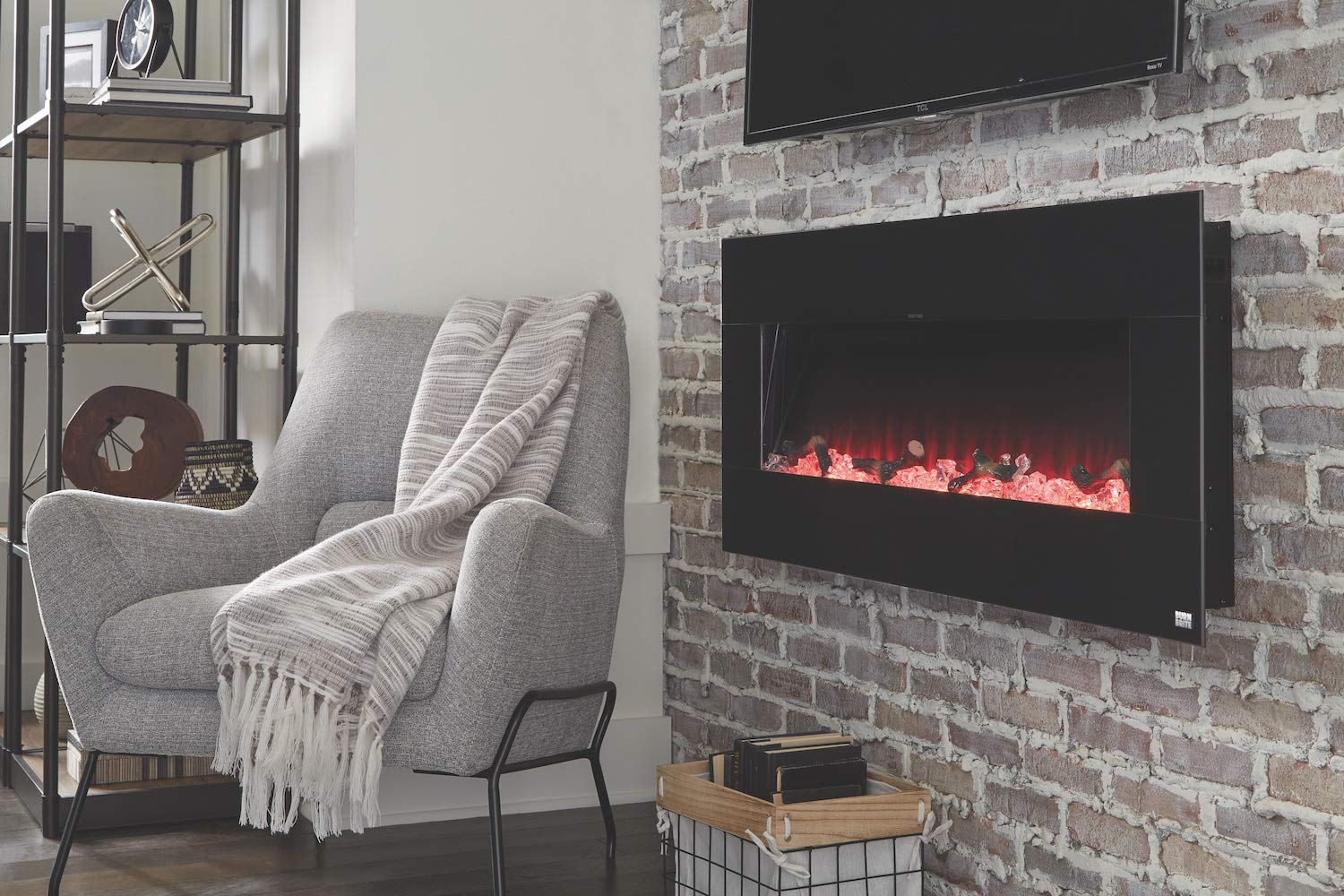 BurnBrite 88001 50-Inch Dual-use Wall Mount & Recessed Electric Fireplace with Crystals and Driftwood, Black
