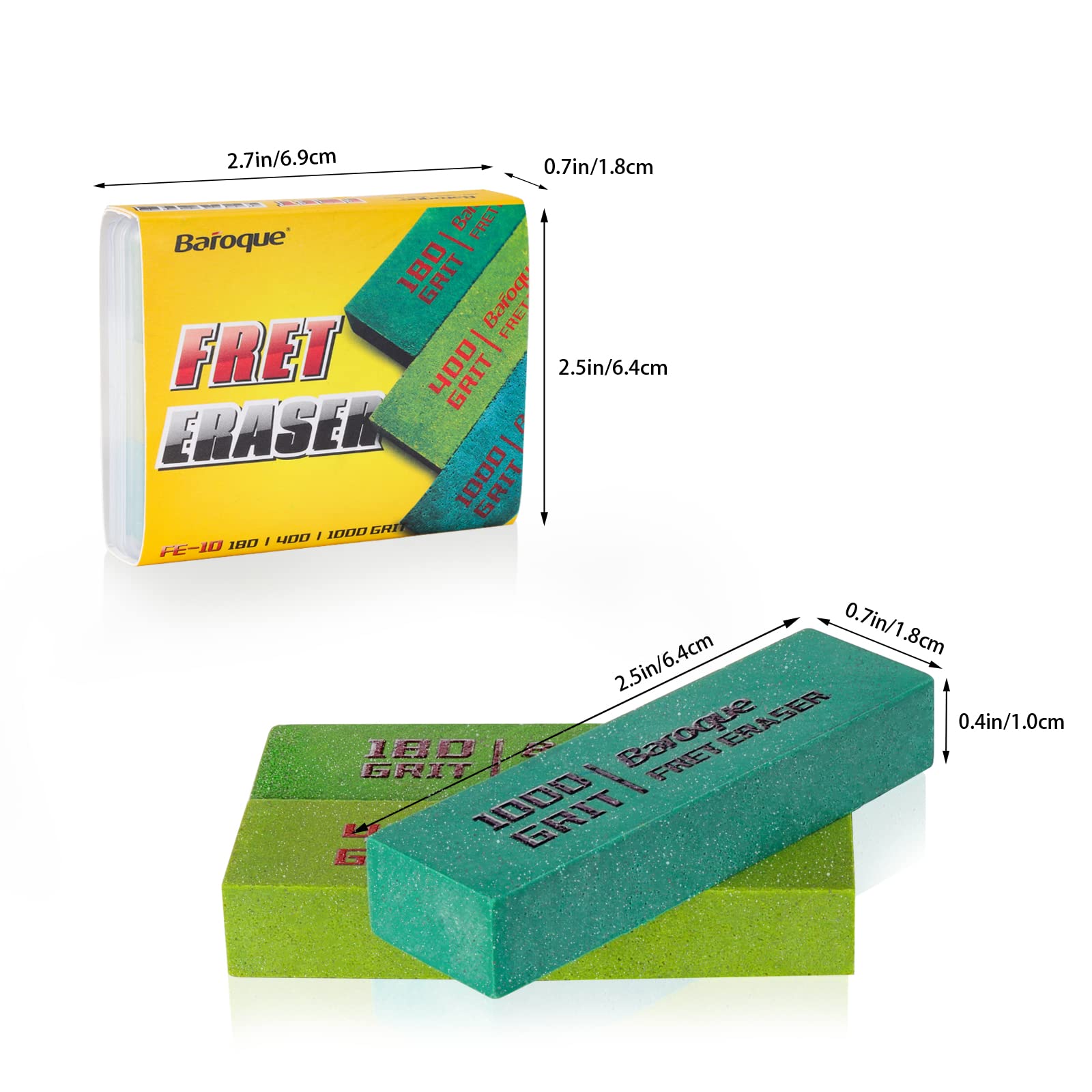 Baroque Fret Erasers 180 & 400 & 1000 Grits, Guitar Fret Polishing Abrasive Rubber Blocks, Set of 3 Grits