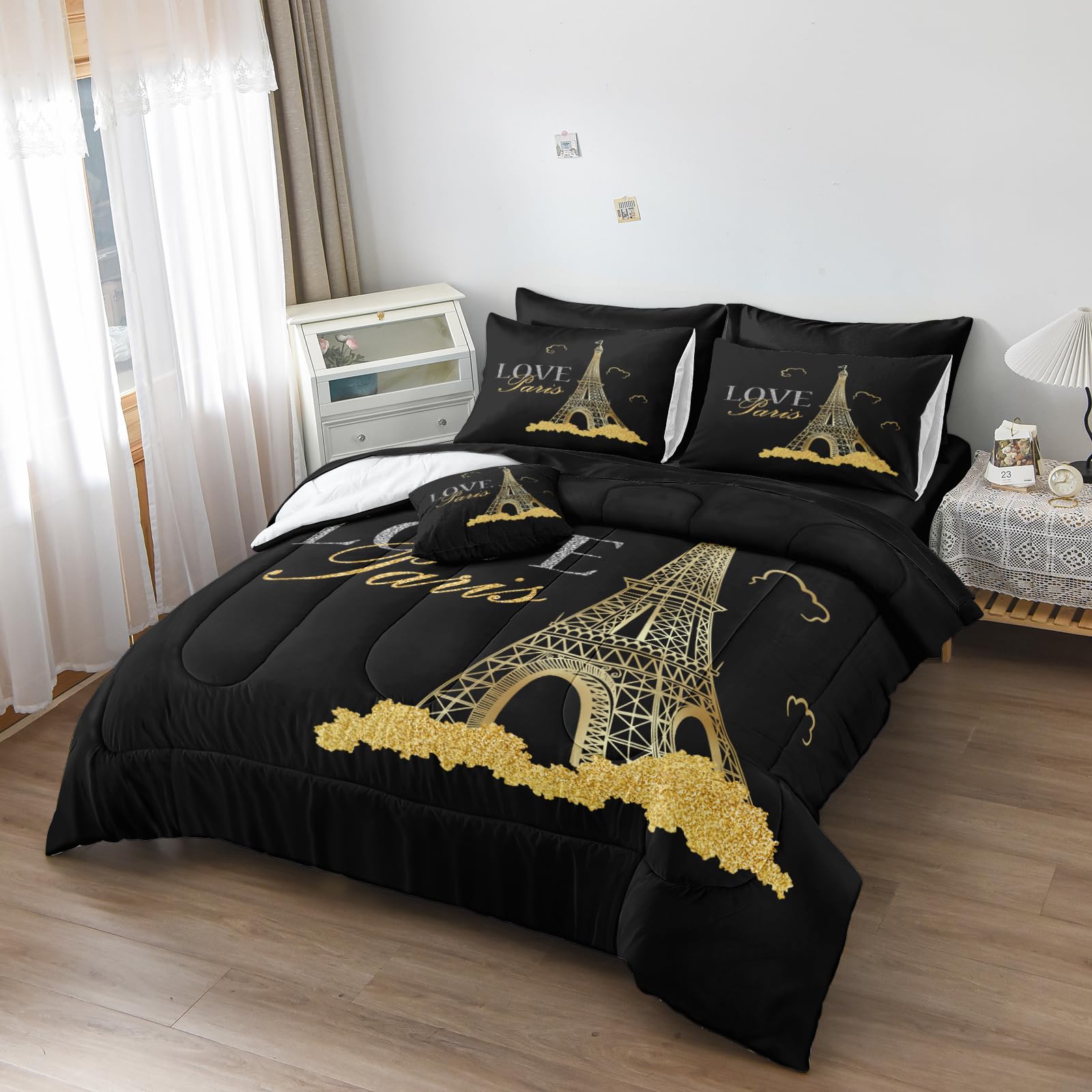 Black and Gold Comforter Set Queen Black Bed in a Bag 8 Pieces Boho Hippie Bedding with 1 Comforter, 1 Flat Sheet, 1 Fitted Sheet, 4 Pillowcases, 1 Cushion Cover (Queen, Marble)