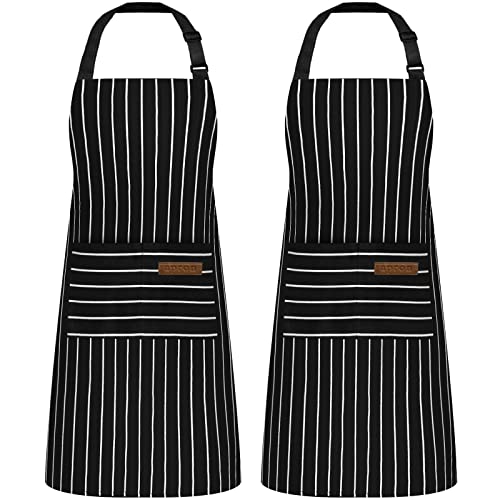 Riqiaqia 2 Pack Kitchen Cooking Aprons, Soft Cotton Apron with 2 Pockets for Women Men Chef (Black Stripes,2)