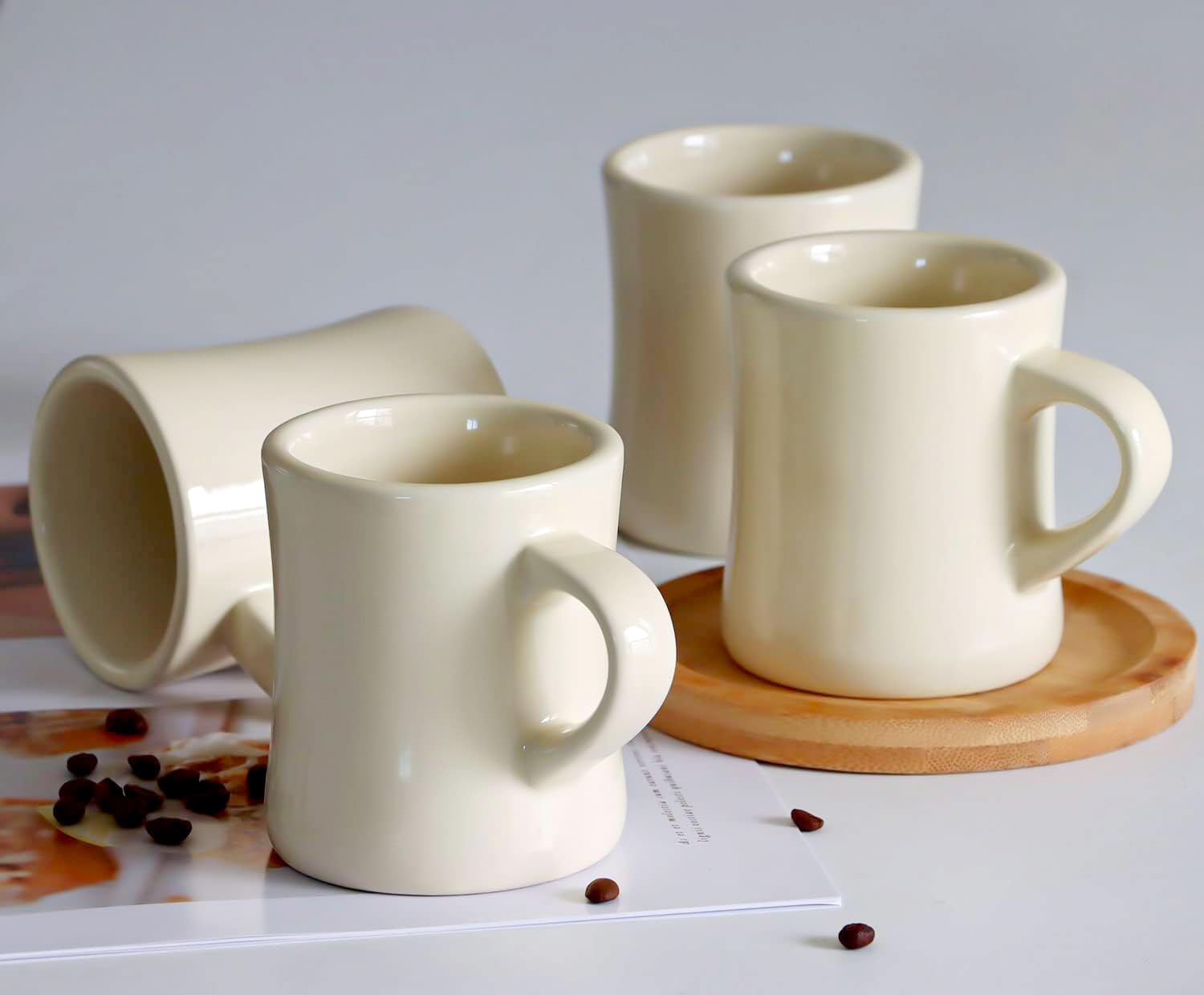 harebe Retro Coffee Cup Set of 4, 10 OZ Heavy Classic Ceramic Diner Mugs Set with Handle for Coffee, Tea, Cocoa, Milk, Latte(Cream)