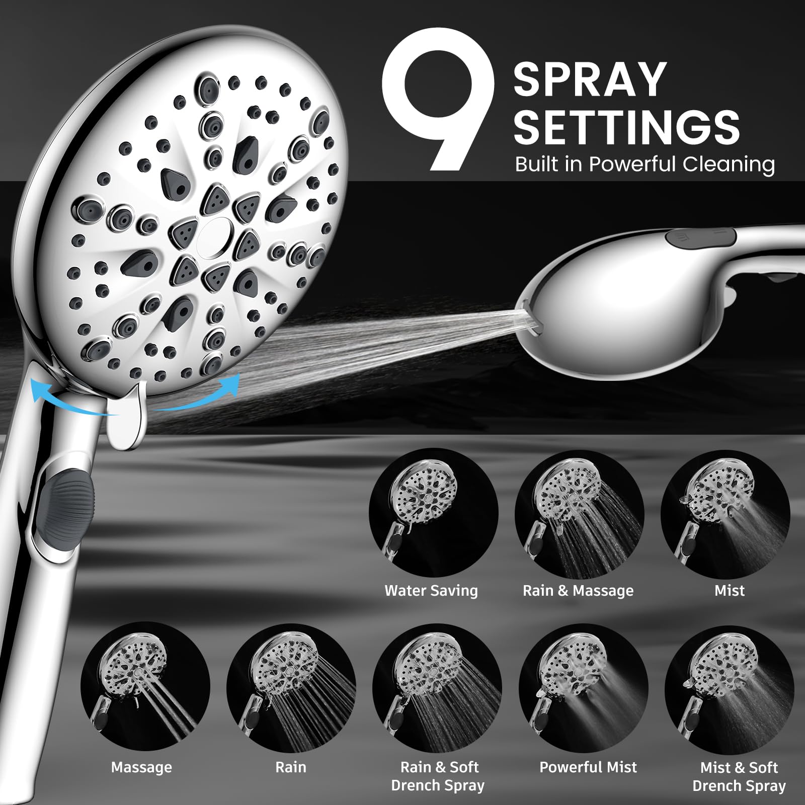 FEELSO Shower Heads with Handheld Spray Combo with ON/OFF Pause Switch, 10" High Pressure Rain 7 Settings Showerhead with 11" Adjustable Extension Arm, 9 Functions Anti-clog Handle Set with Power Wash