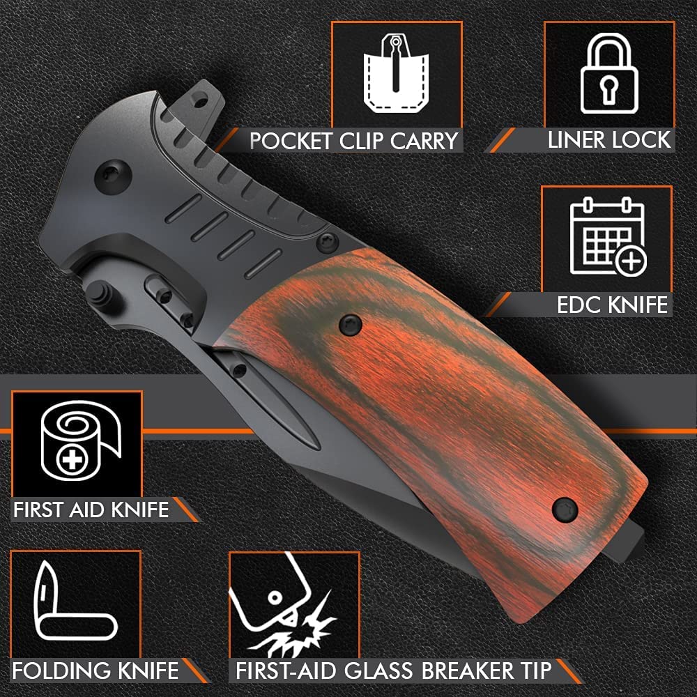 Bundle of 2 Items - Gentlemanās Folding Knife Pocket Knife Knives Knofe Wood Handle Sharp Blade - Pocket Knife for Men - Best Folder for Camping Hunting - Travel Accessories Gear- Pocket Knife Gift