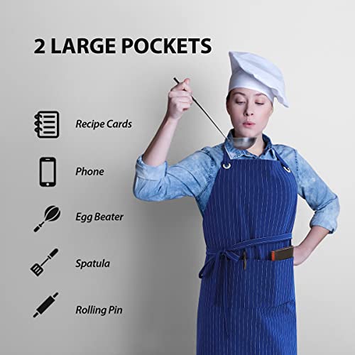 ROTANET Stretch Stripe Apron for Men Women Adjustable Bib Aprons with 2 Pockets for Kitchen Cooking Water & Oil Resistant Royal Blue