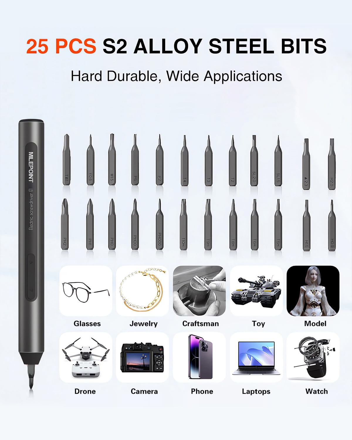 Mini Electric Screwdriver Set Rechargeable Precision Screwdriver 26 in 1 with 25 S2 Magnetic Bits 3.7V Small Screwdriver Kit for PC, Eyeglass, Laptop, Watch - Space Gray