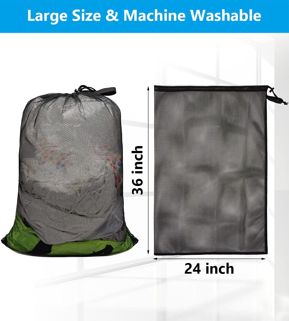 Large Mesh Laundry Bag with Straps and Zipper Pockets, Heavy Duty Mesh Drawstring Bag Foldable, Factories, College, Dorm, Travel and Apartment (24" x 36" | Black)