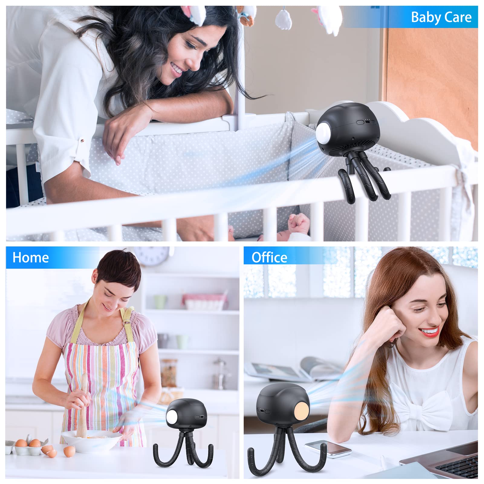 Inverter Table Fans With LED Lights|USB Fans Rechargeable 4000mAh Portable Robot Flexible Tripod Clip |4 Speeds 360°Adjustment, for Baby Stroller, Bedside, Desktop|Where You Can Stand and Hang (Black)