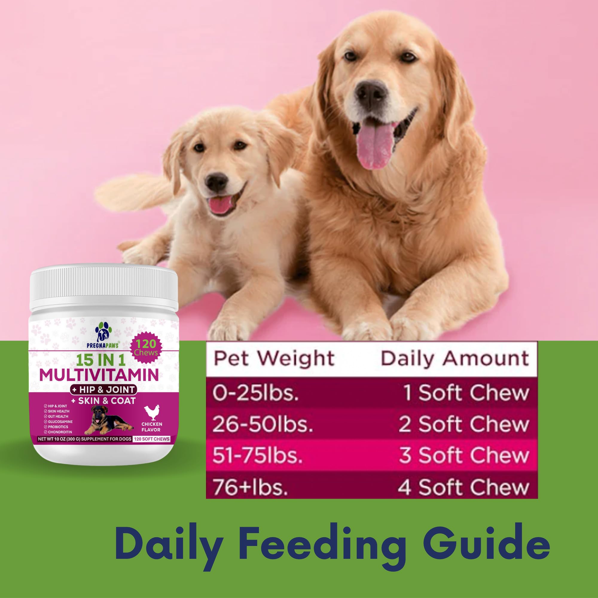 Dog Multivitamin with Vitamin C and E for Skin & Coat + Immune Health - 120ct - Glucosamine Chondroitin for Hip and Joint Support - Probiotics for Healthy Gut Flora - Postnatal Support