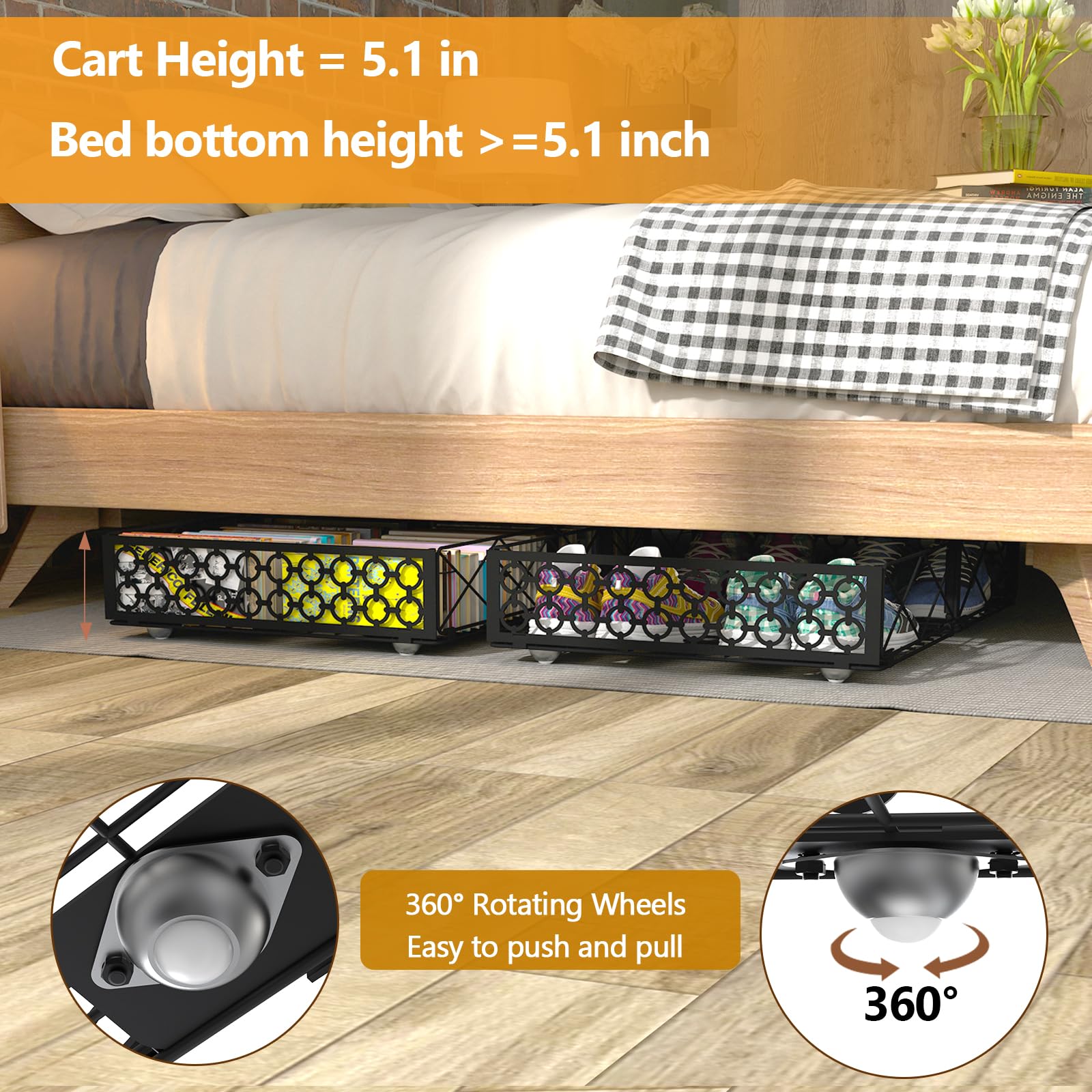 NADAMOO Under Bed Storage with Wheels, 2 Pack Rolling Under Bed Storage Containers,Foldable Metal Under the Bed Organizer Bins for Bedroom Clothes Shoes Blankets